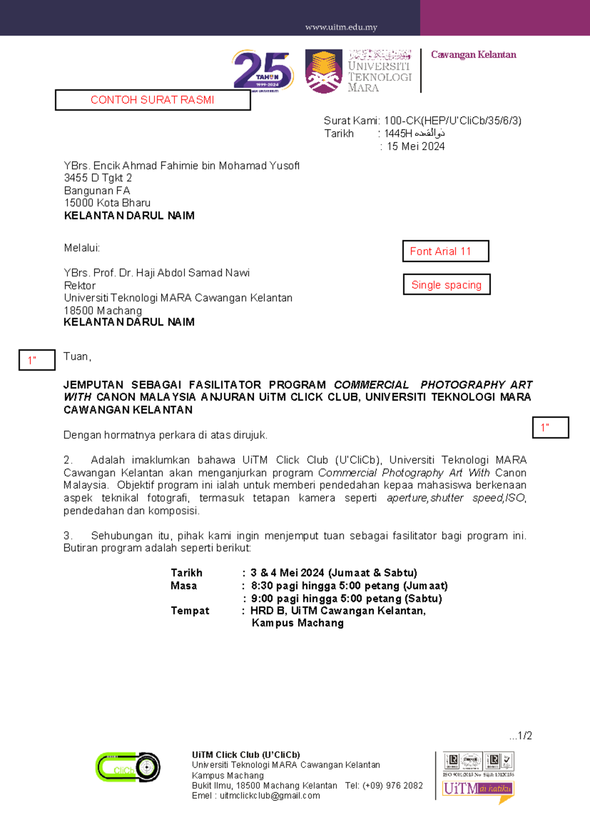 Contoh surat rasmi - Cawangan Kelantan UiTM Click Club (U’CliCb ...