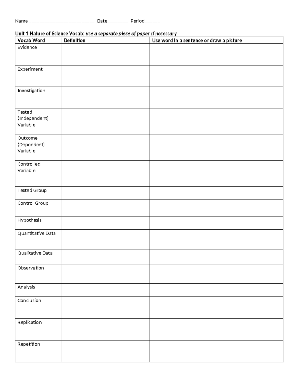 Unit 1 Nature of Science three column vocab - Name ...