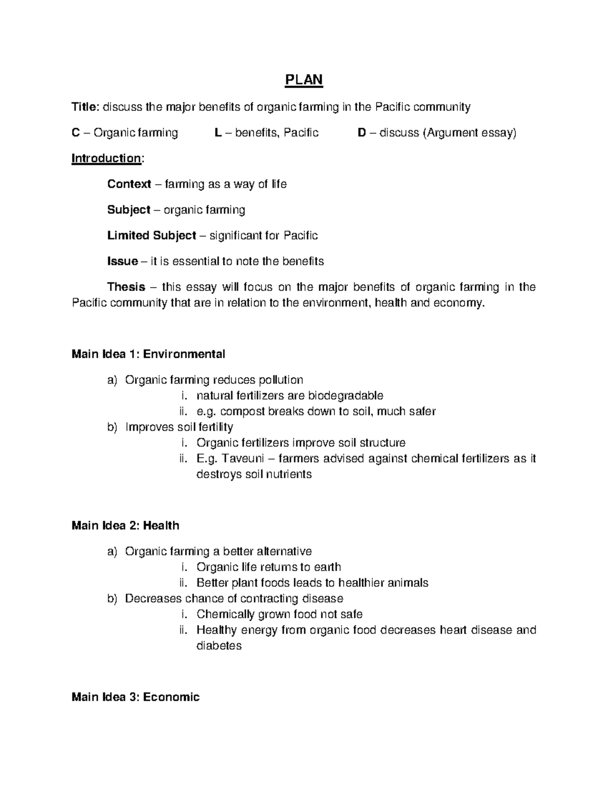 PLAN argument essay organic farming - PLAN Title : discuss the major ...