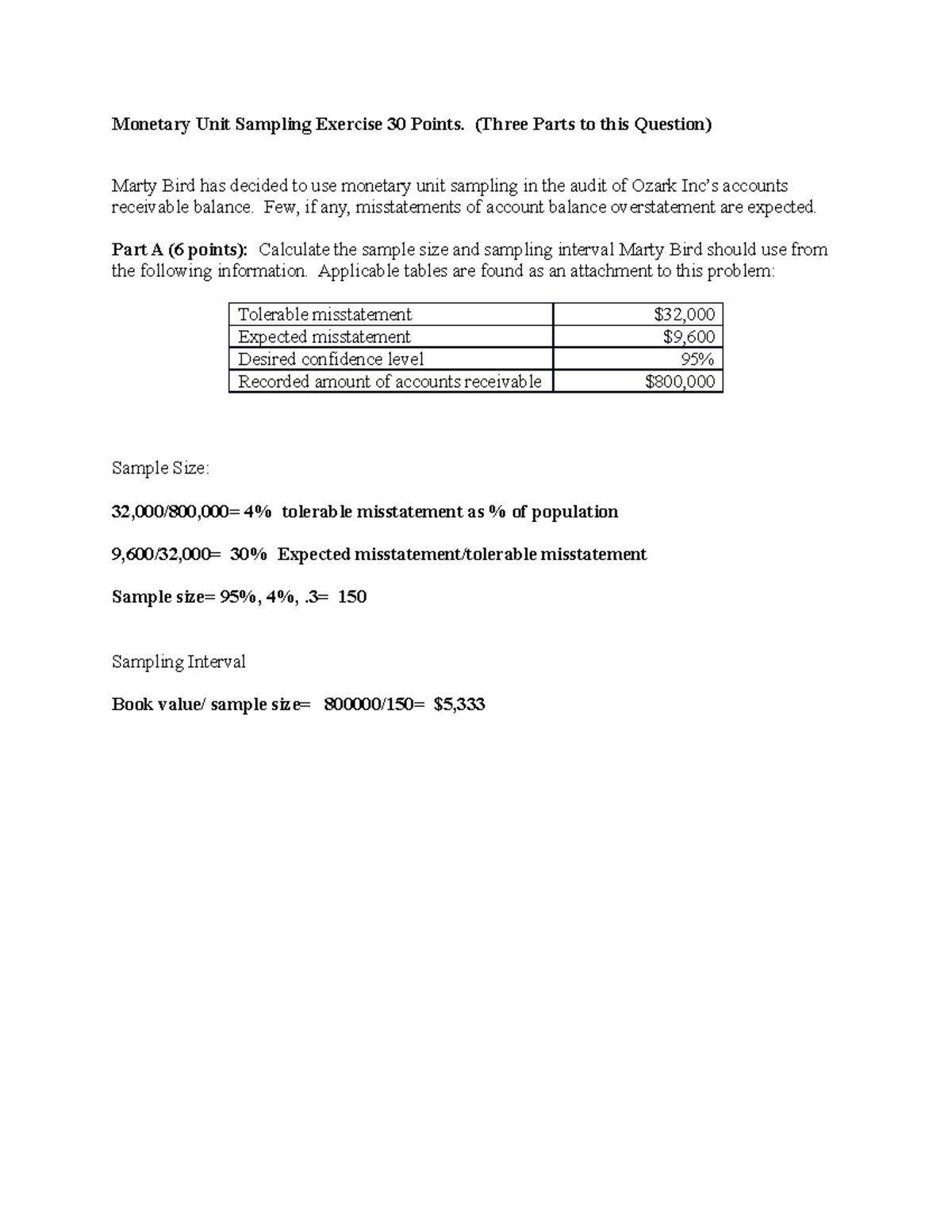 Monetary Unit Sampling In Class Exercise Solution - Monetary Unit ...