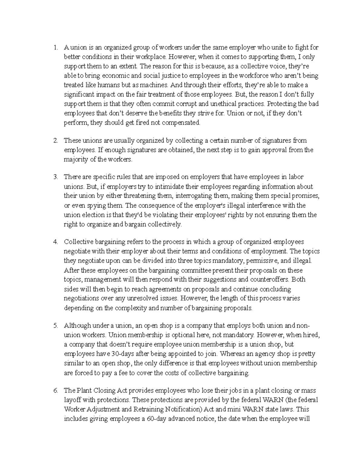 Business Law DA - A union is an organized group of workers under the ...