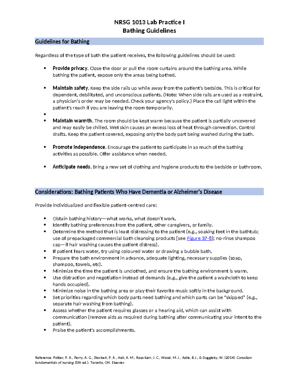 NRSG 1013 Bathing Guidelines - NRSG 1013 Lab Practice I Bathing ...