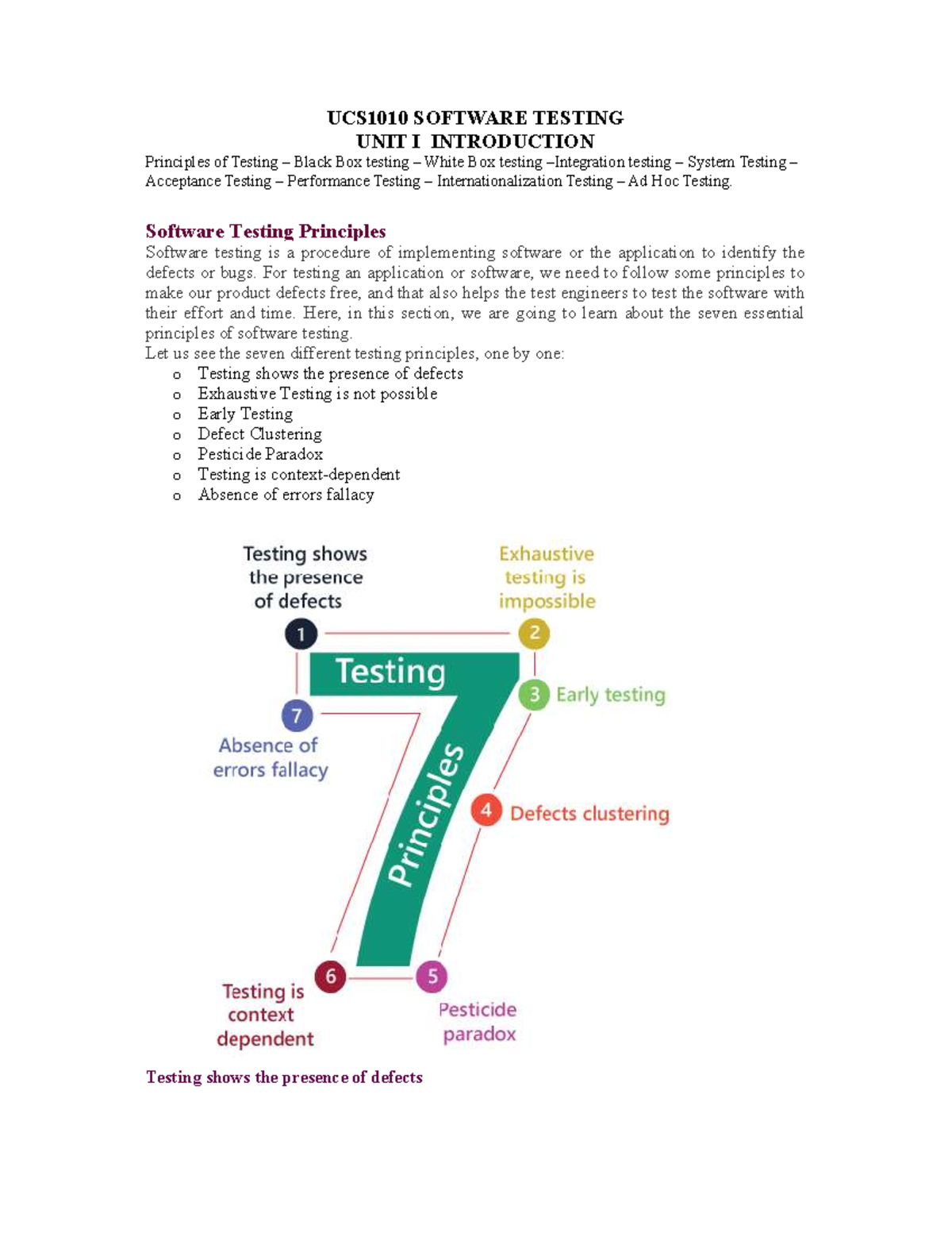 UNIT 1 Software Testing Notes - UCS1010 SOFTWARE TESTING UNIT I ...