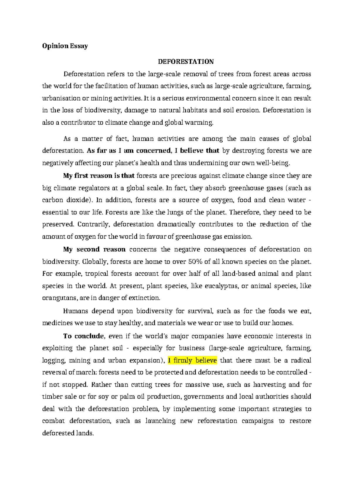 Deforestation Opinion Essay - Opinion Essay DEFORESTATION Deforestation ...