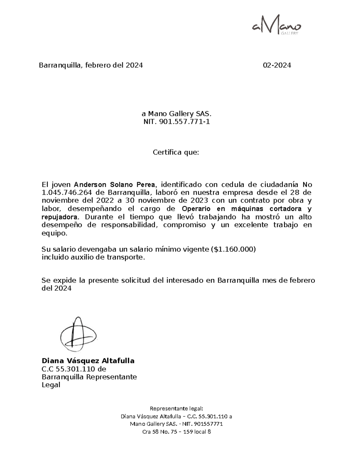 Carta laboral Anderson - Barranquilla, febrero del 2024 02- a Mano ...