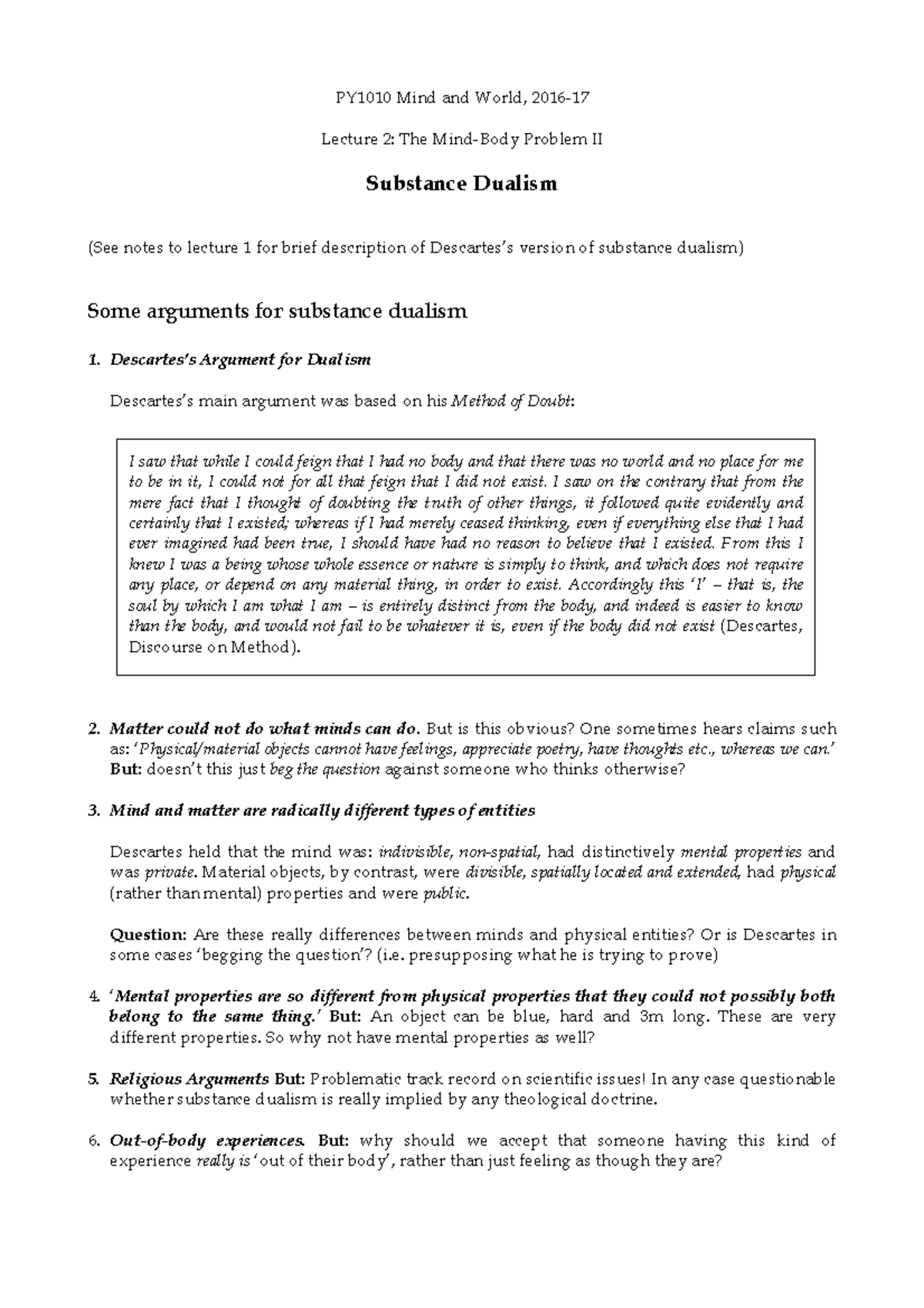 Notes 2 - PY1010 Mind and World, 20 16 - 17 Lecture 2: The Mind-Body ...