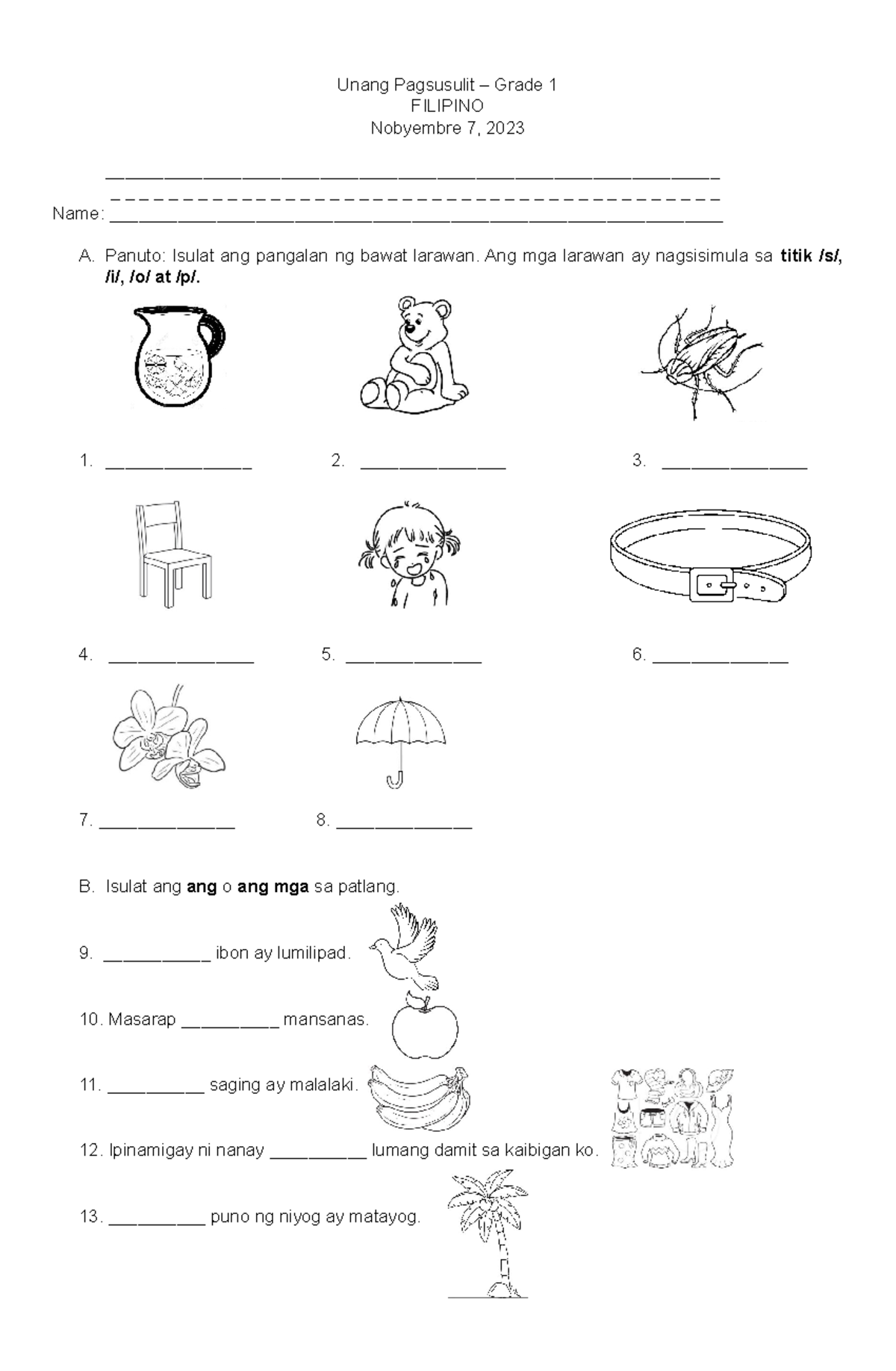 Fil quiz - quiz - Unang Pagsusulit – Grade 1 FILIPINO Nobyembre 7, 2023 ...