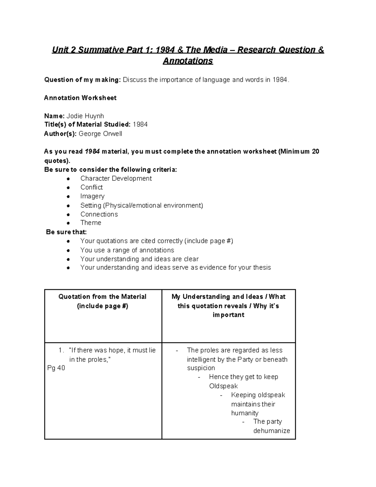 1984 Annotations - Unit 2 Summative Part 1: 1984 & The Media – Research Question & - Studocu