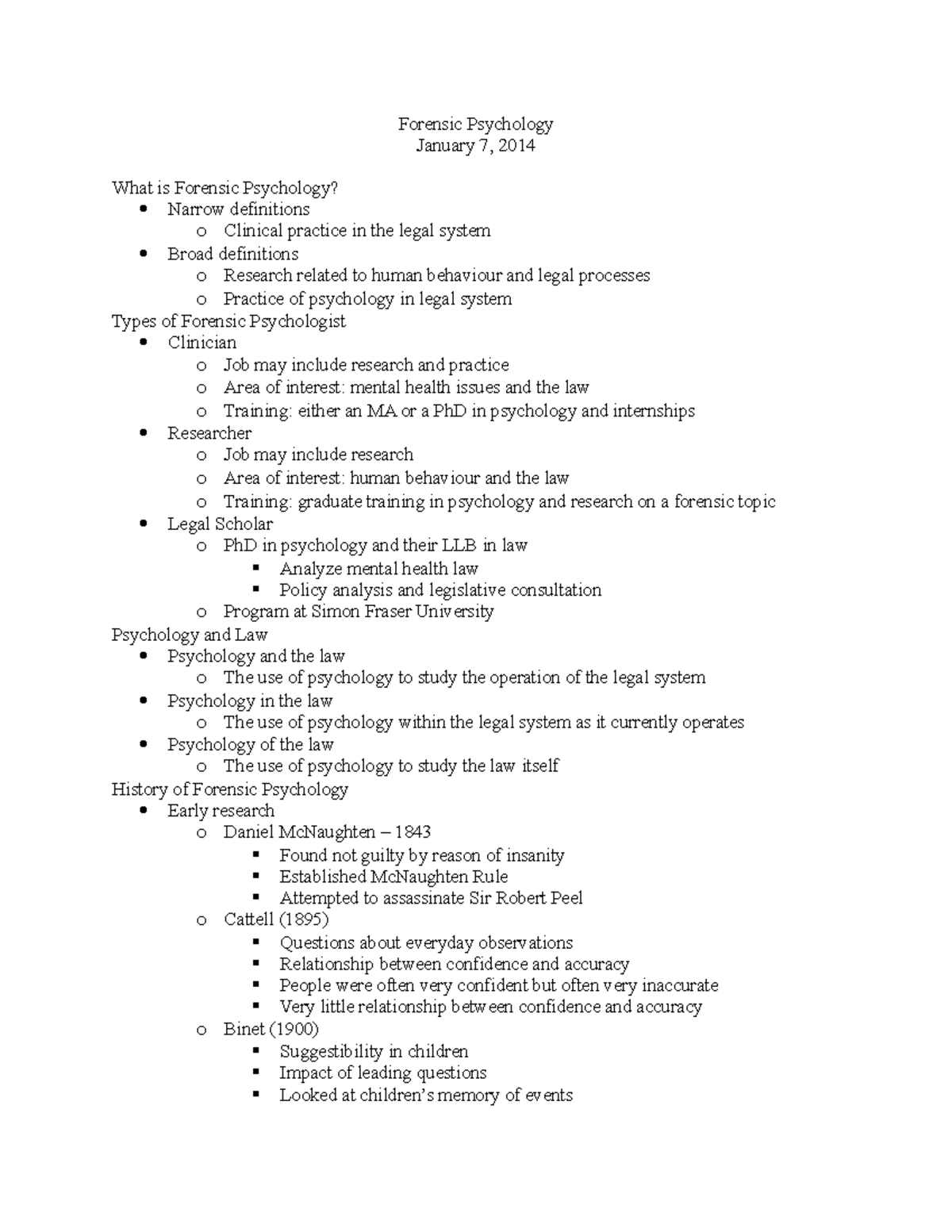Forensic Psychology - Lecture notes 13 - Forensic Psychology January 7 ...