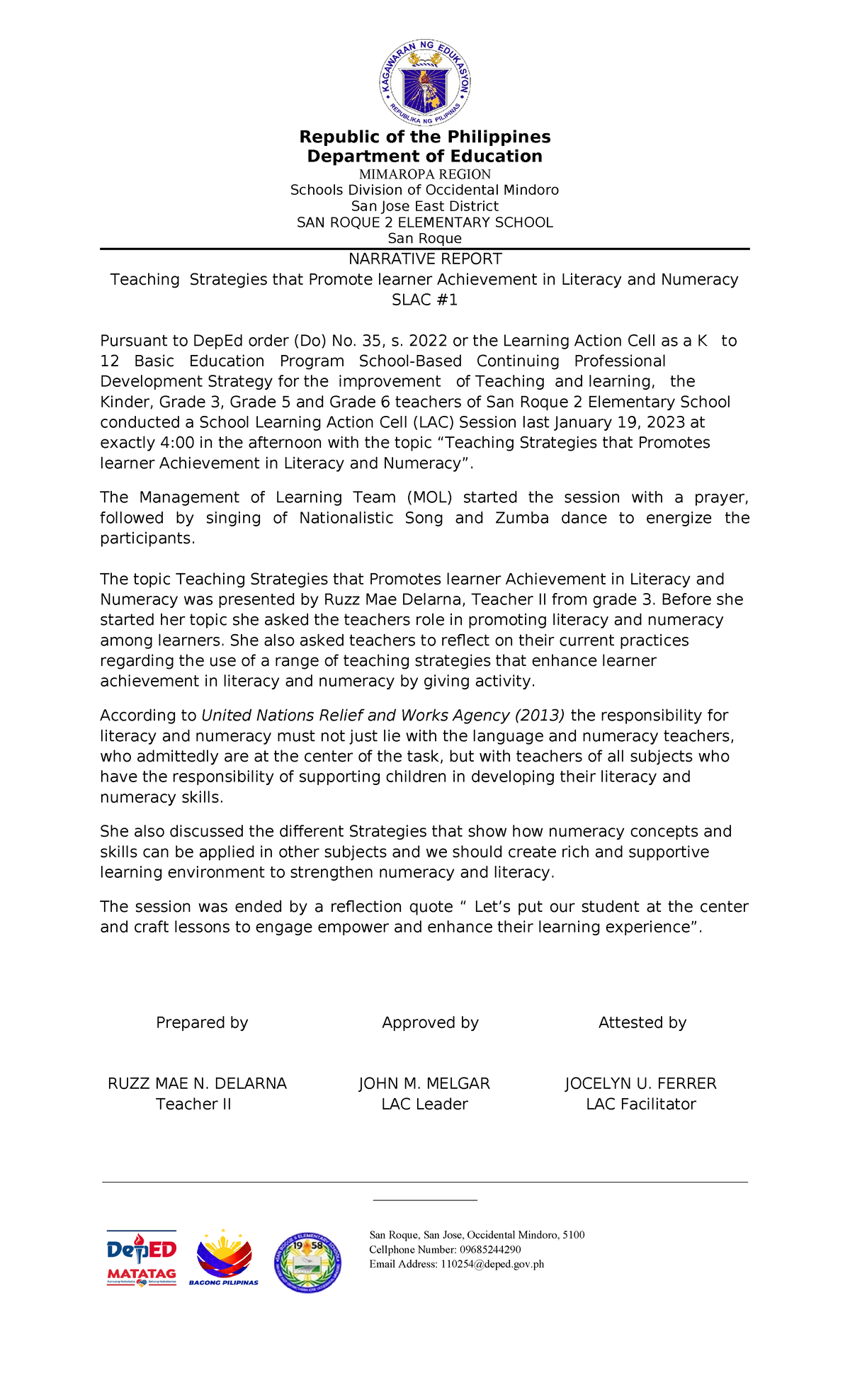 Narrative- Report-on-SLAC-NO.1 numeracy and literacy - San Roque, San ...