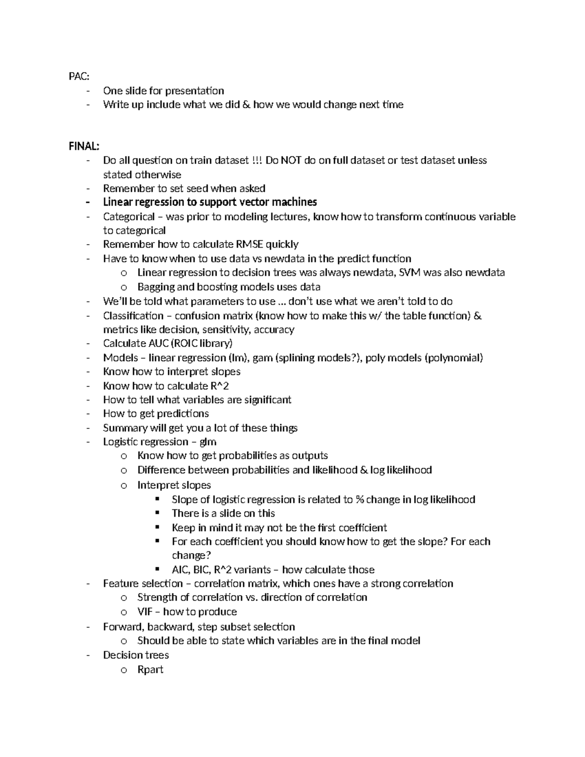 Exam Notes - PAC: One slide for presentation Write up include what we ...