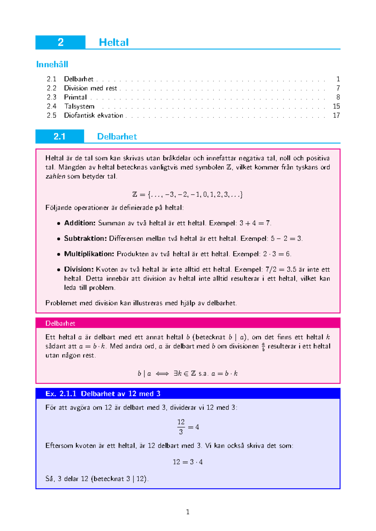 Lektion 02 - Heltal - 2 Heltal Inneh ̊all 2 Delbarhet