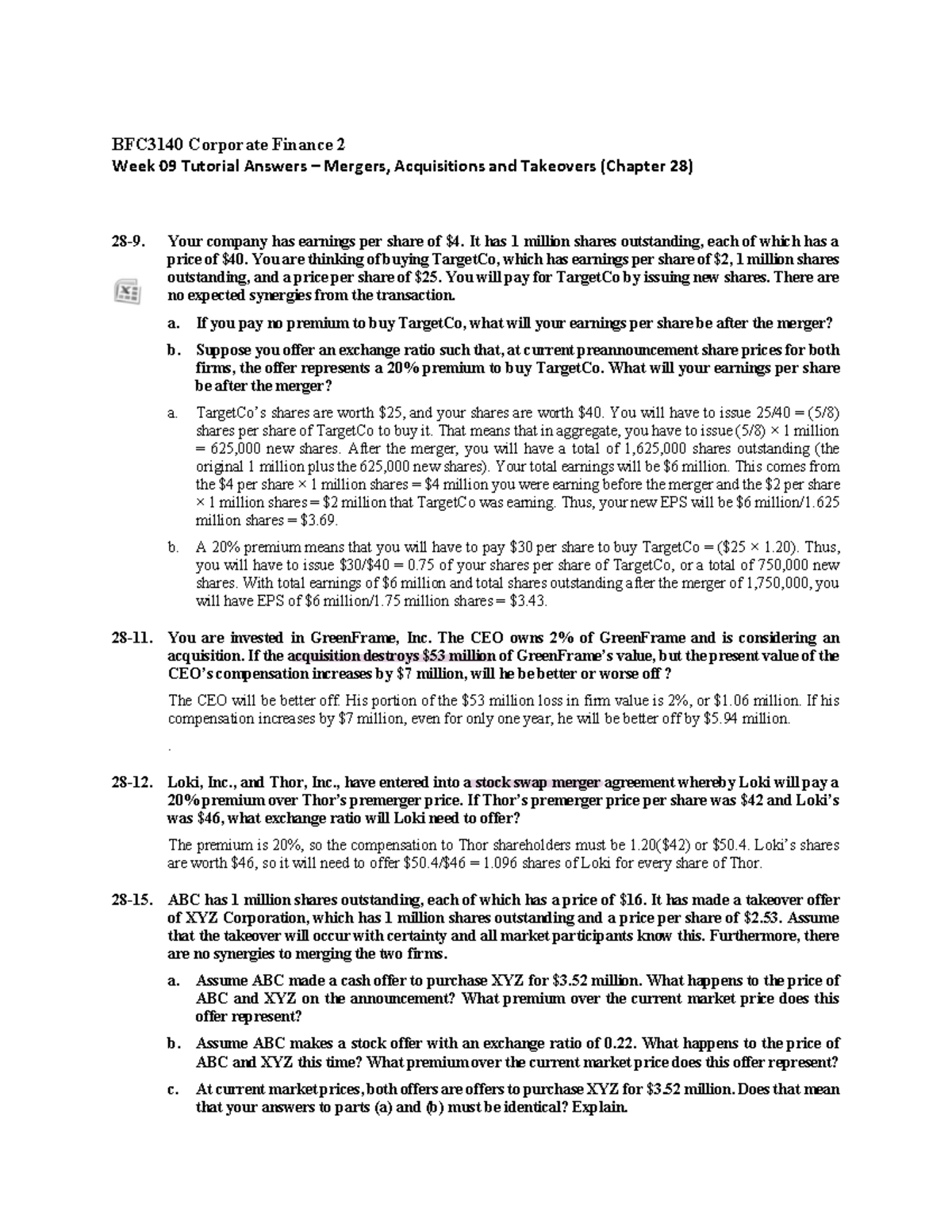 Week9 - Corporate finance 2 week 9 tut answer - BFC3140 Corporate ...