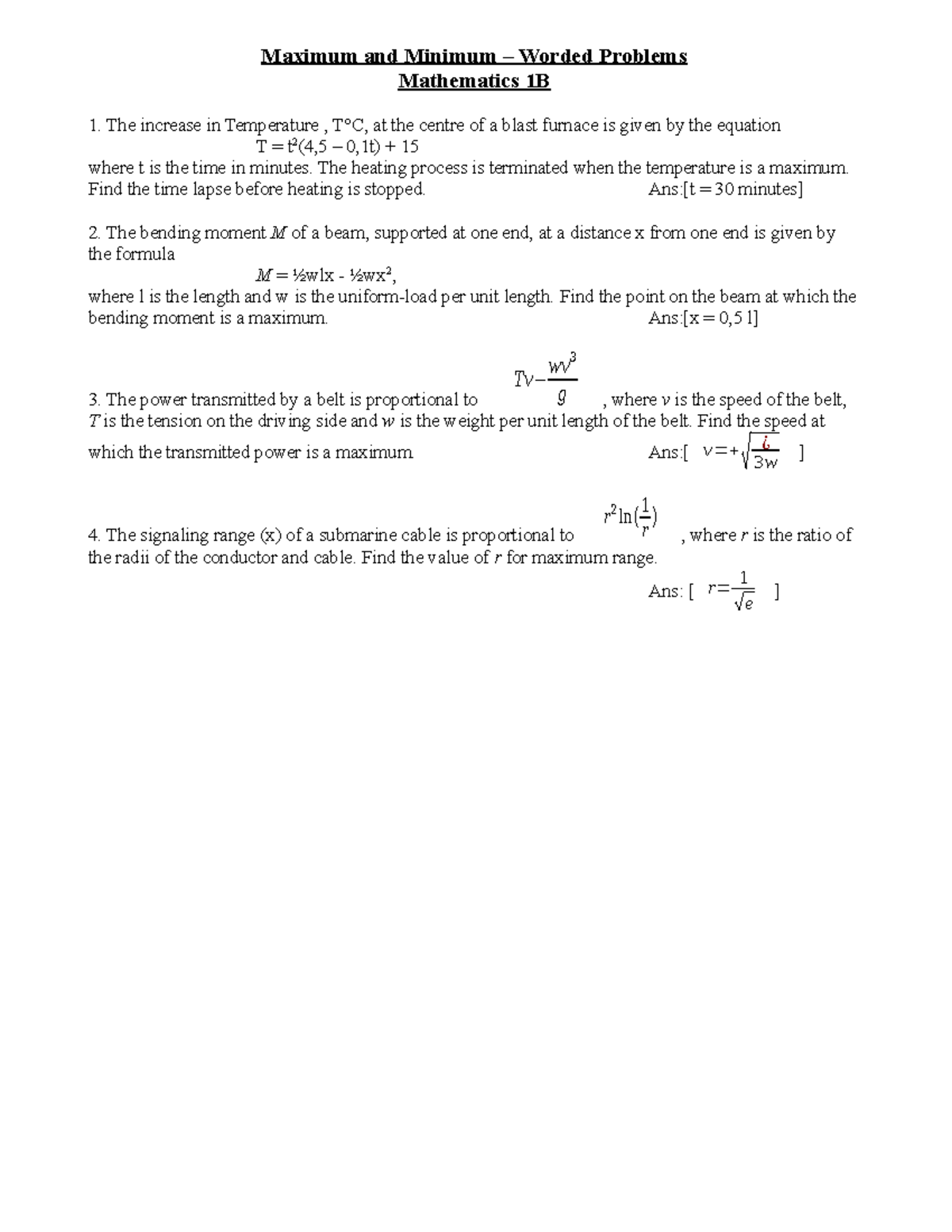 Maximum and Minimum Maths Tut - Maximum and Minimum – Worded Problems ...