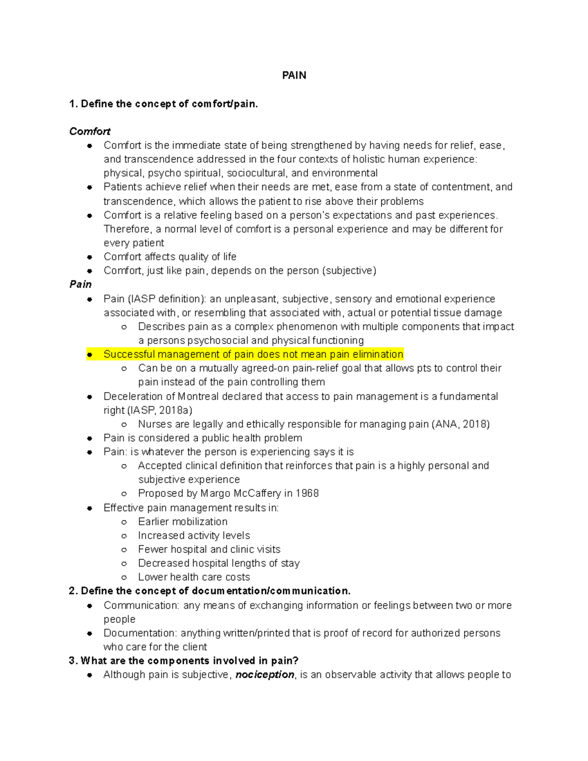 [pain]Week 5 Assignment - PAIN Define the concept of comfort/pain ...