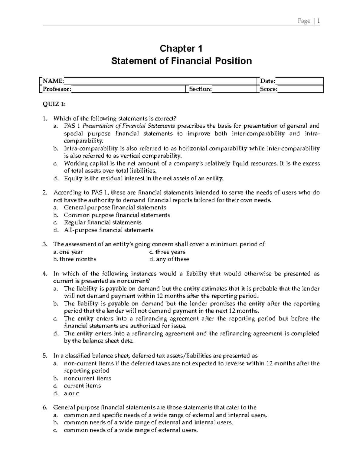 QUIZ Chapter 1 Statement OF Financial Position - Chapter 1 Statement of ...