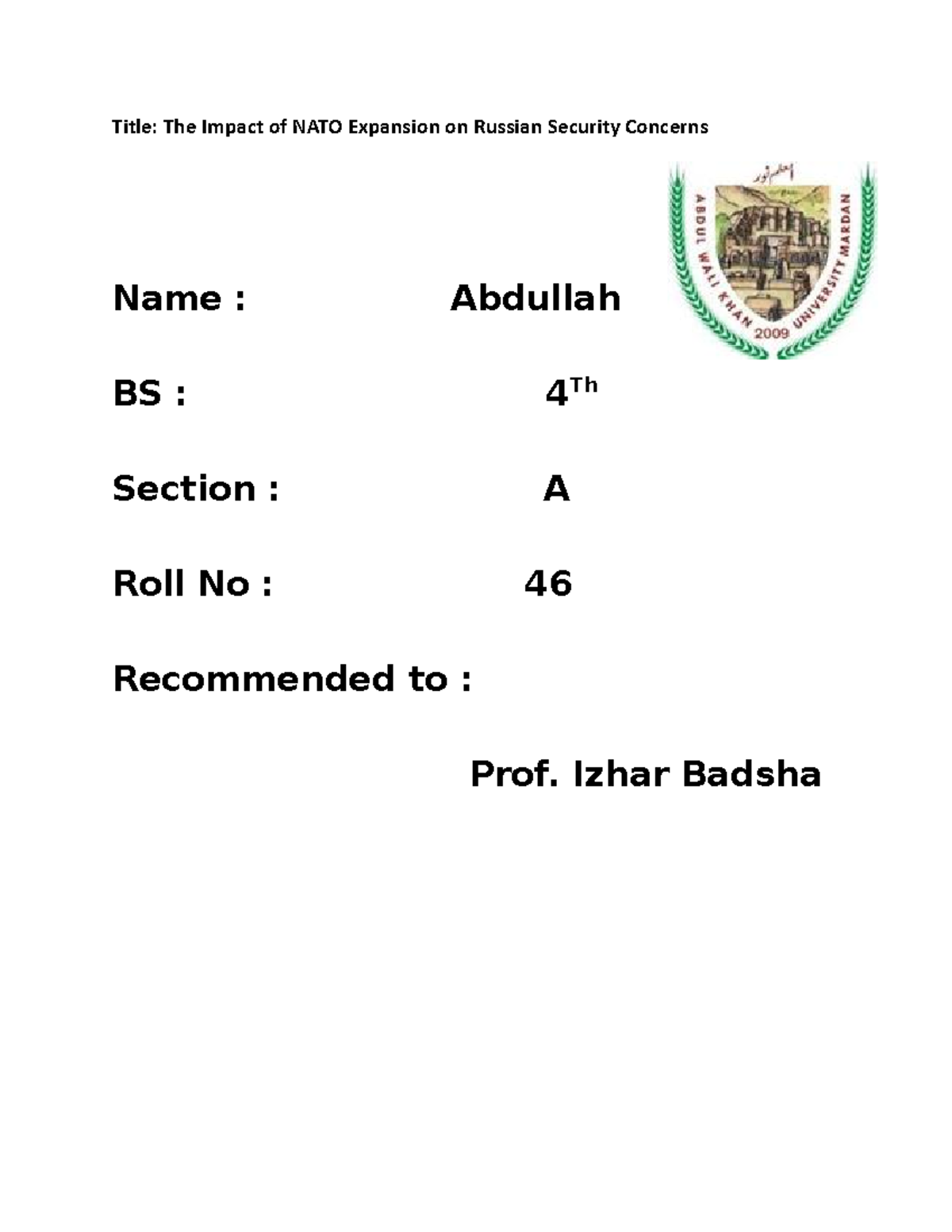 Assignment 2 of IR - Title: The Impact of NATO Expansion on Russian ...