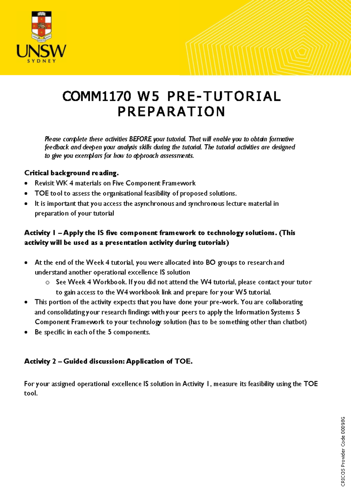 COMM1170 2022 T2 W5 Tutorial preparation CR - Please complete these activities BEFORE your ...