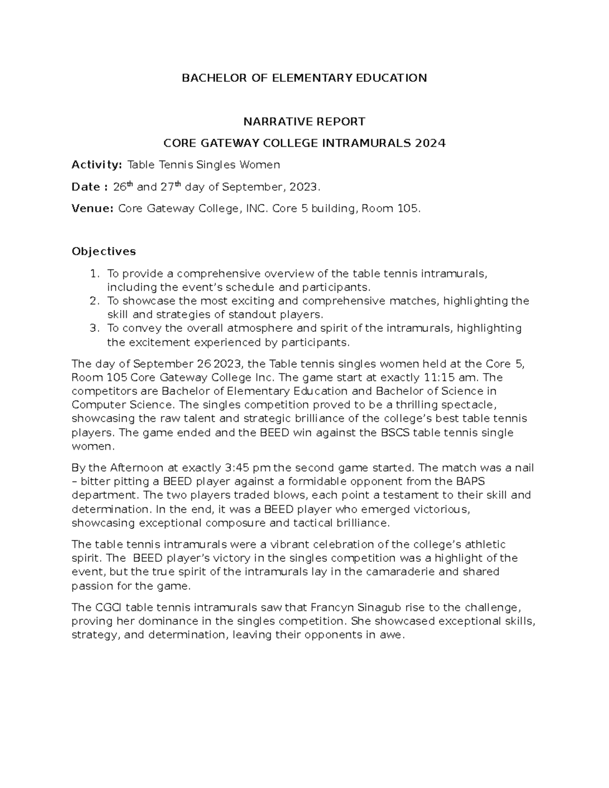 Narrative intrams - yeah - BACHELOR OF ELEMENTARY EDUCATION NARRATIVE ...