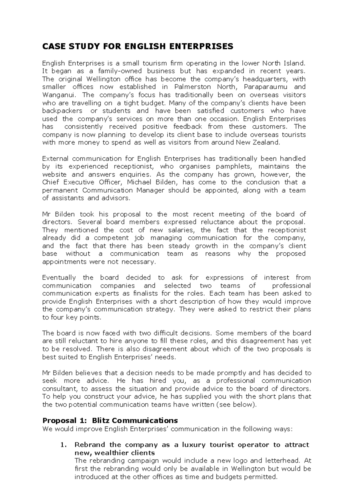 English Enterprises Case Study - CASE STUDY FOR ENGLISH ENTERPRISES ...