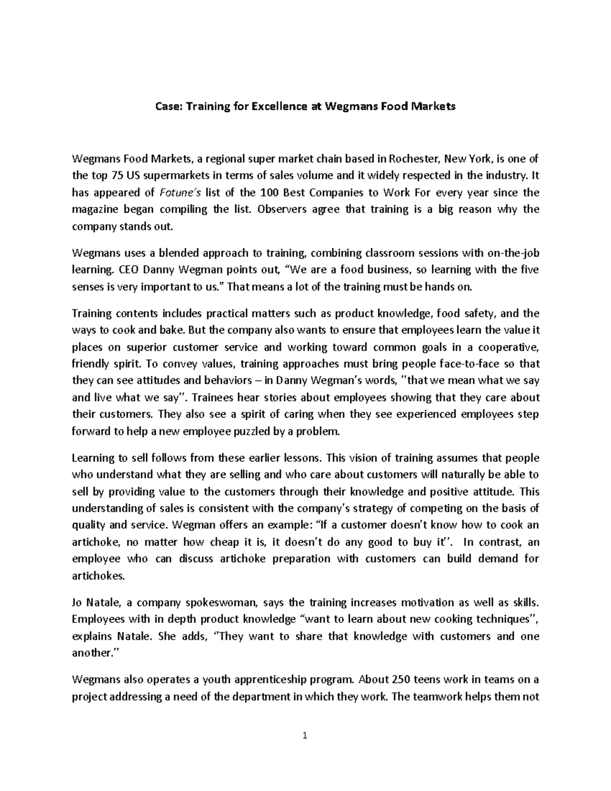Training & Dev Case -2 - 1 Case: Training for Excellence at Wegmans ...