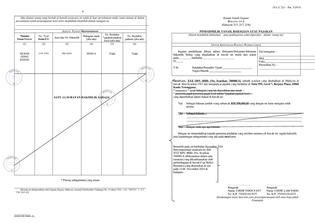 TUTO QUESTION 2 FORM 14A - SATU (1) SURATAN HAKMILIK SAHAJA (N.L 22A ...