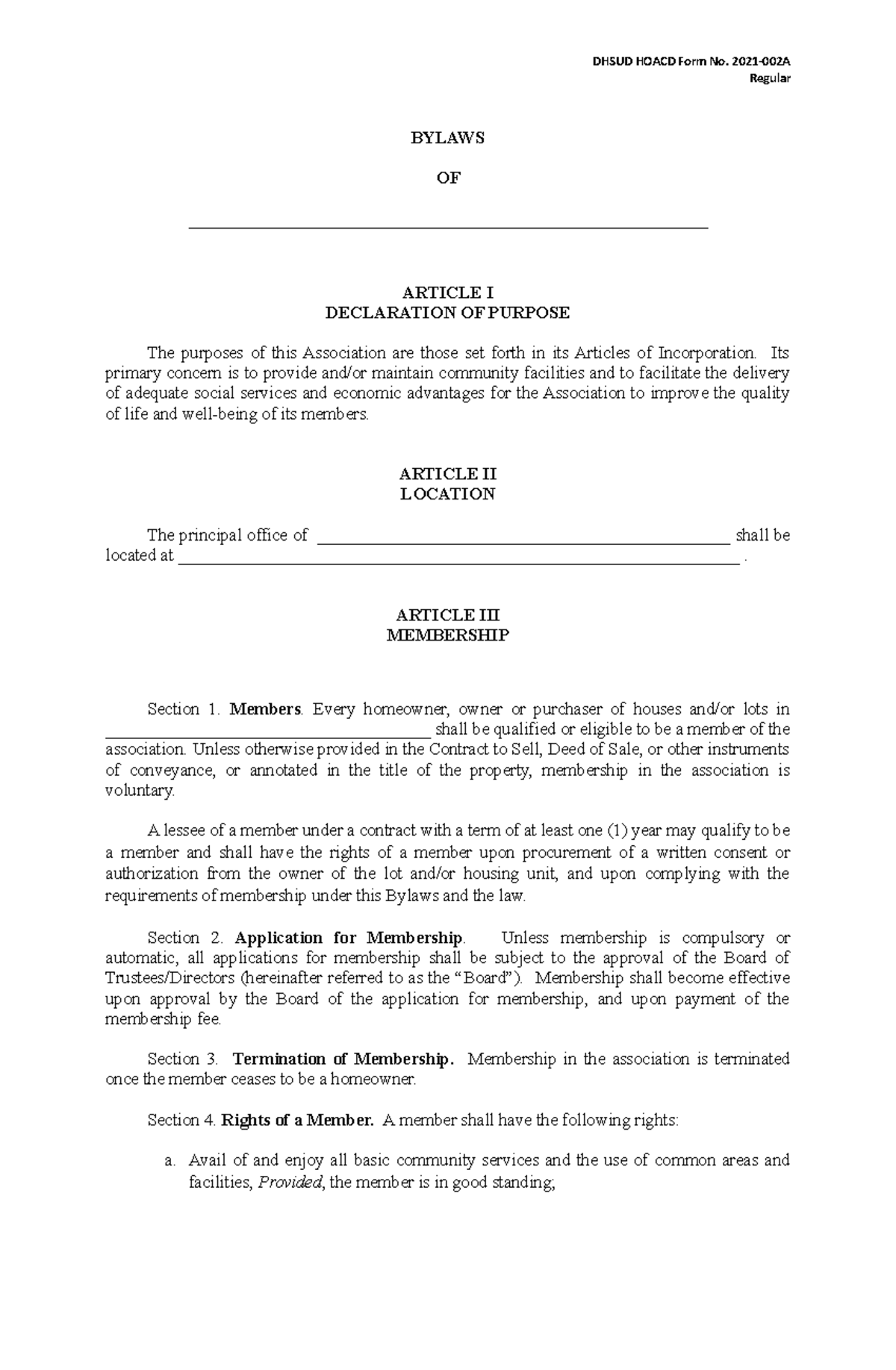 Bylaws REG Hlurb ADASDASD DHSUD HOACD Form No 2021 002A Regular