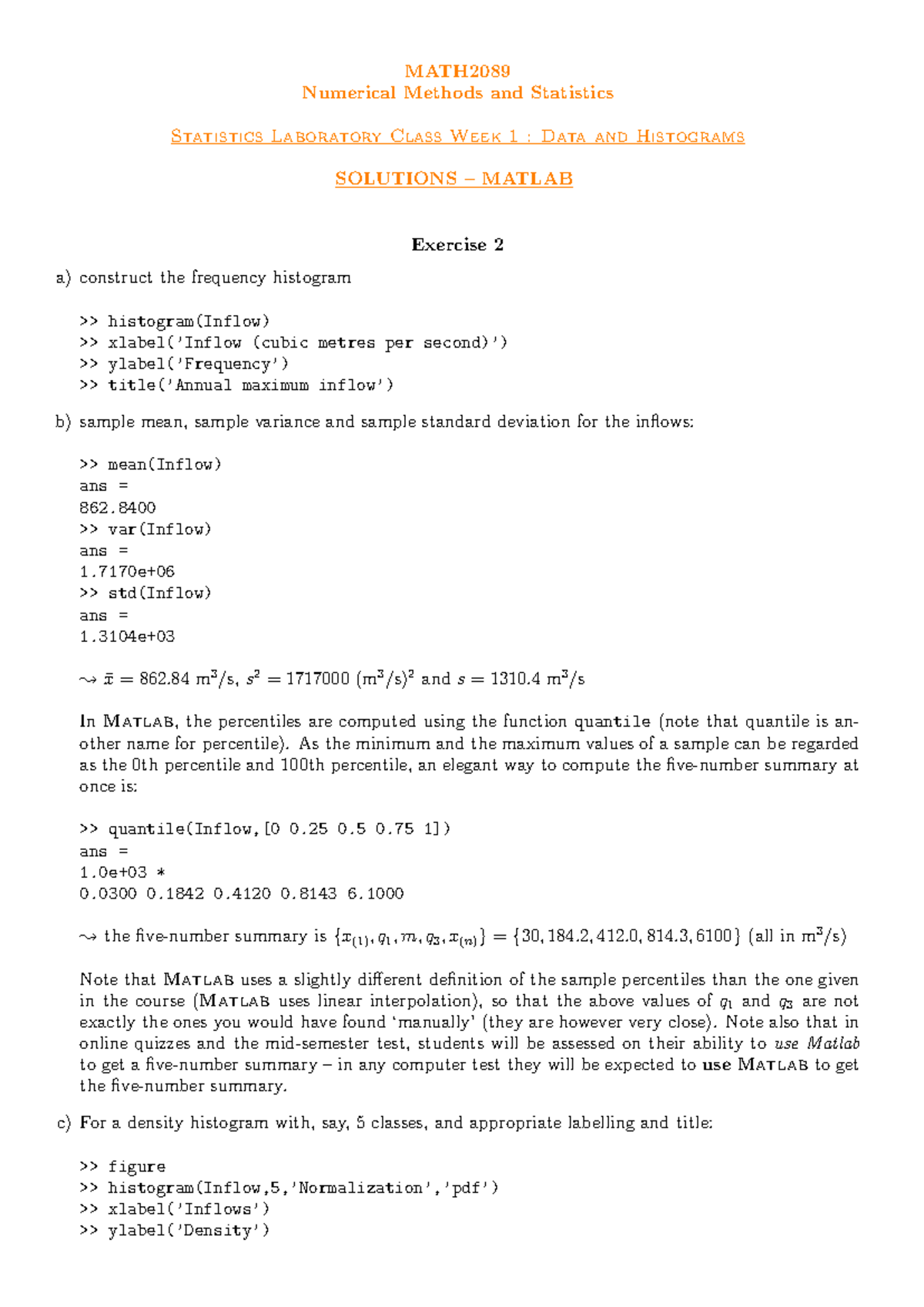 Lab solns Matlab 1 - MATH Numerical Methods and Statistics Statistics Laboratory Class Week 1 ...