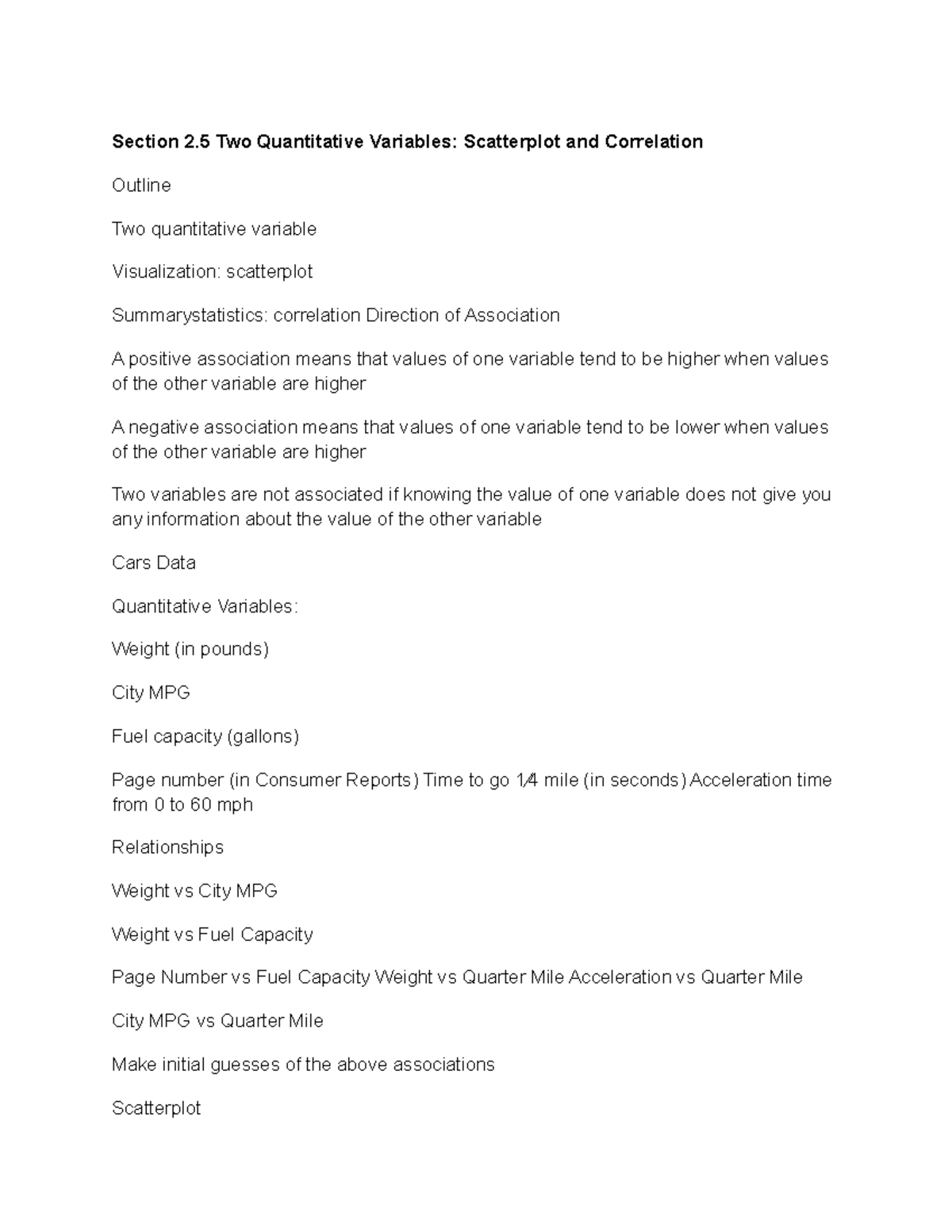 Section 2.5 Two Quantitative Variables Scatterplot and Correlation - Section 2 Two Quantitative ...
