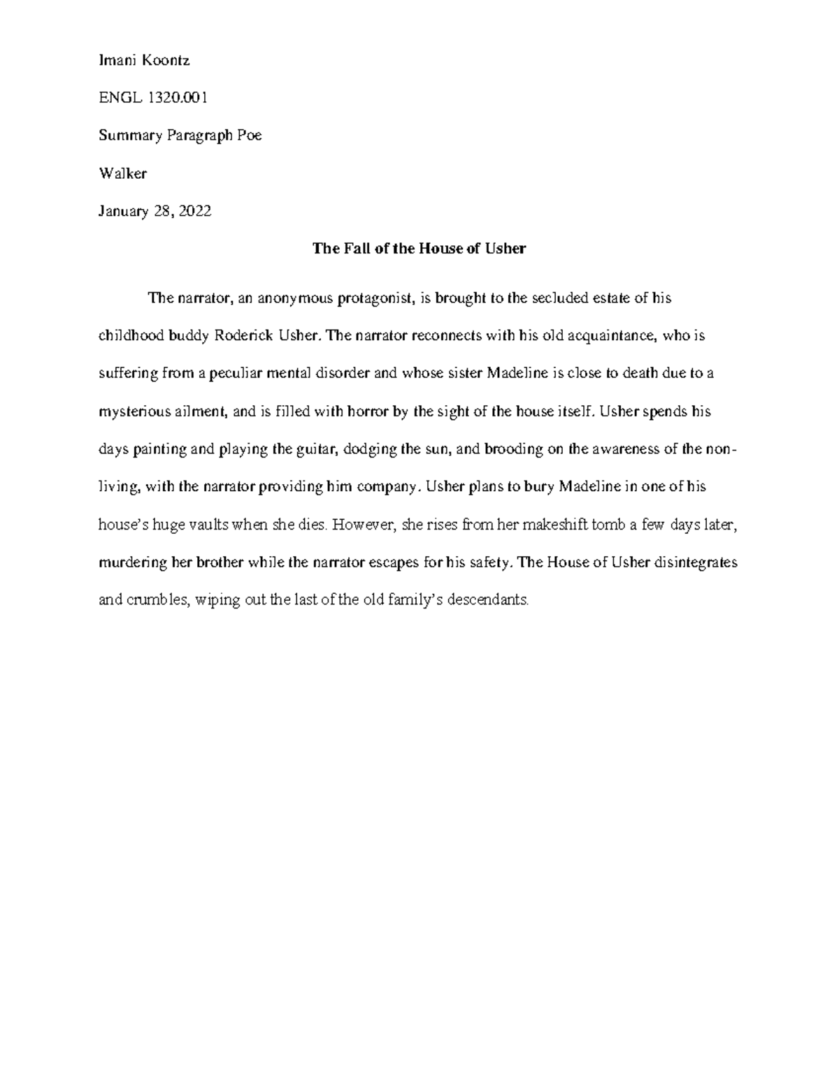 The Fall of the House of Usher Summary - Imani Koontz ENGL 1320 ...