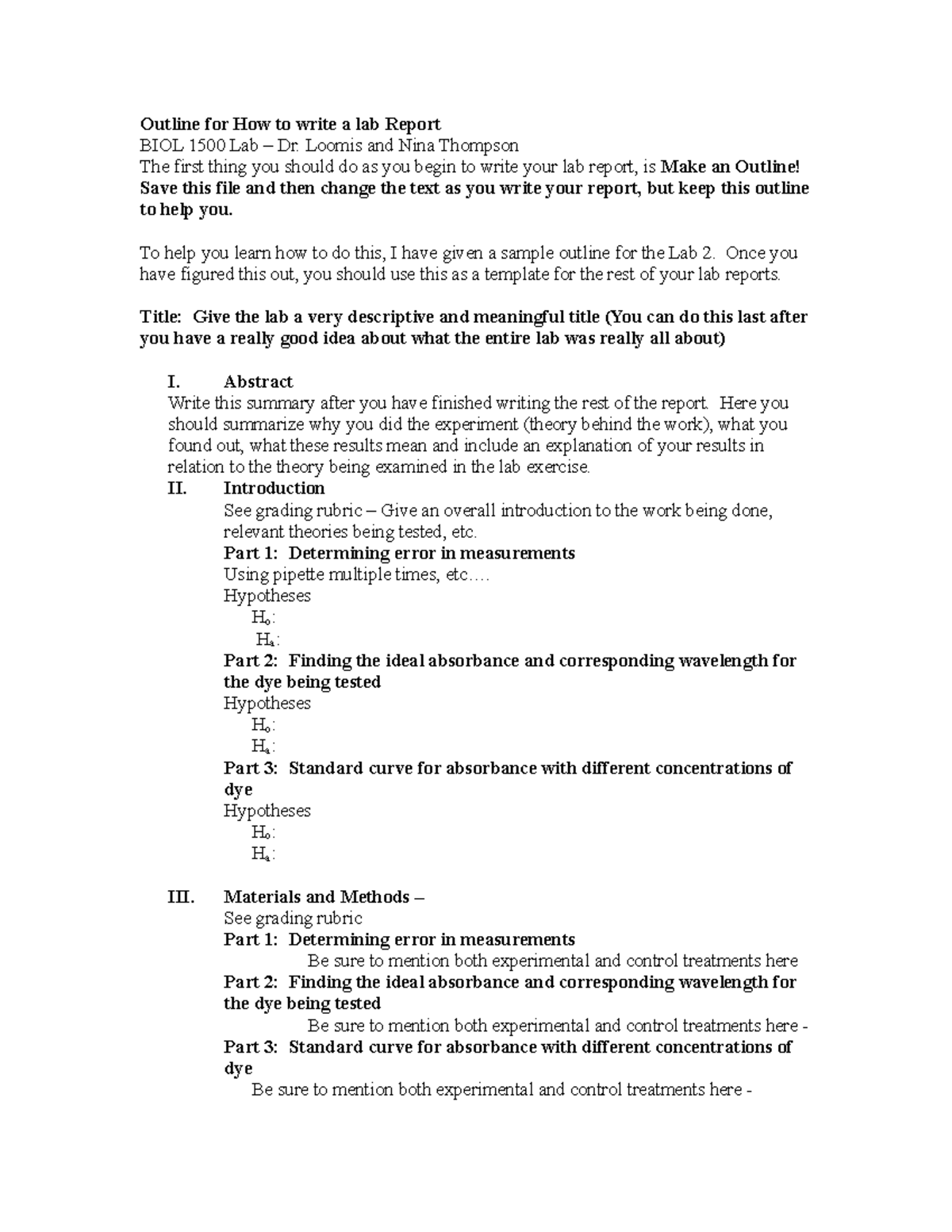 BIOL 1500 - Lab report outline - Outline for How to write a lab Report ...