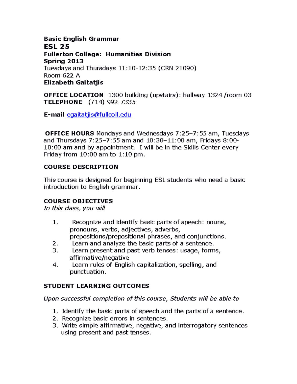 ESL 25 spring 2013 Syllabus - Basic English Grammar ESL 25 Fullerton ...