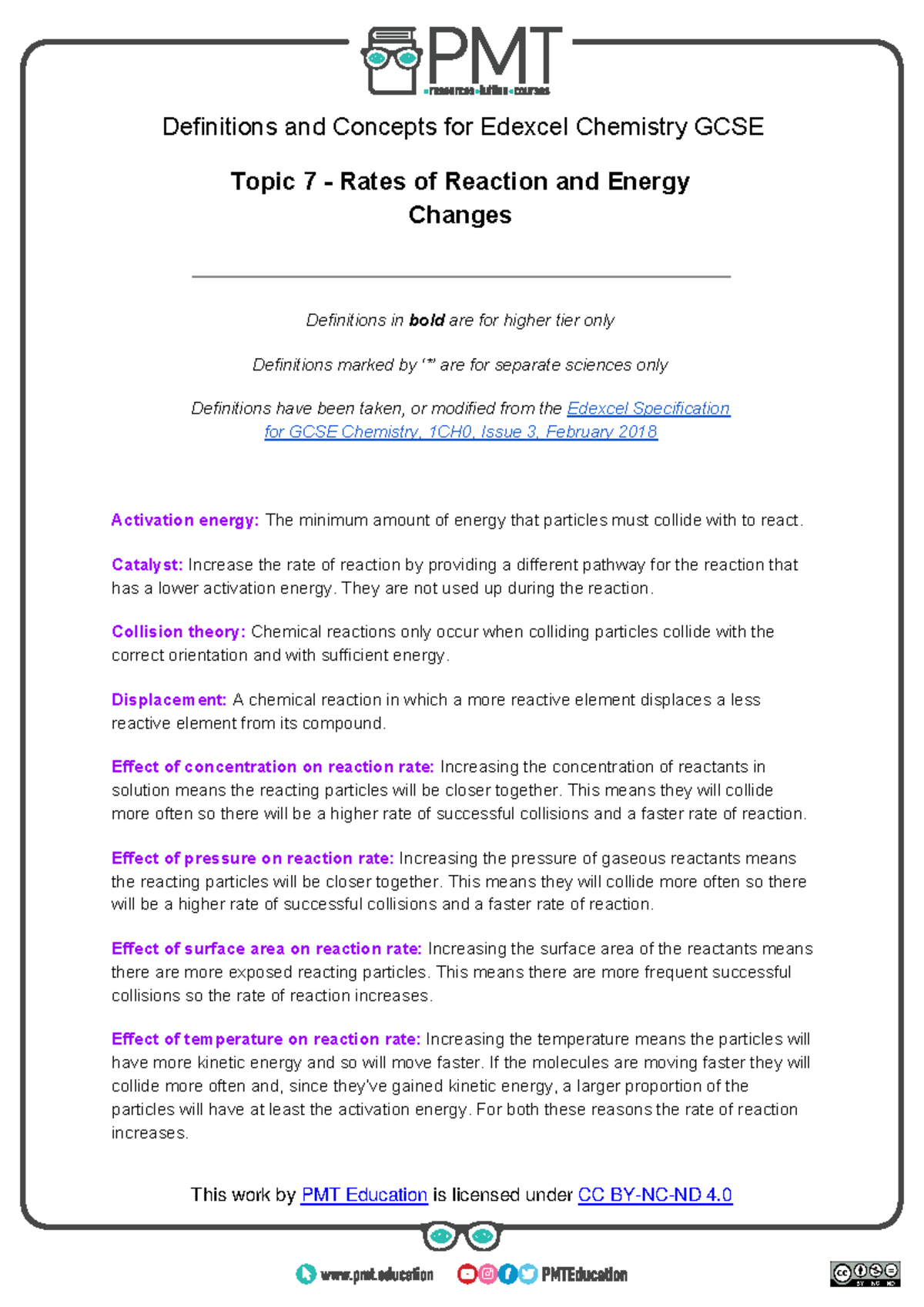 Definitions - Topic 7 Rates of Reaction and Energy Changes - Edexcel ...