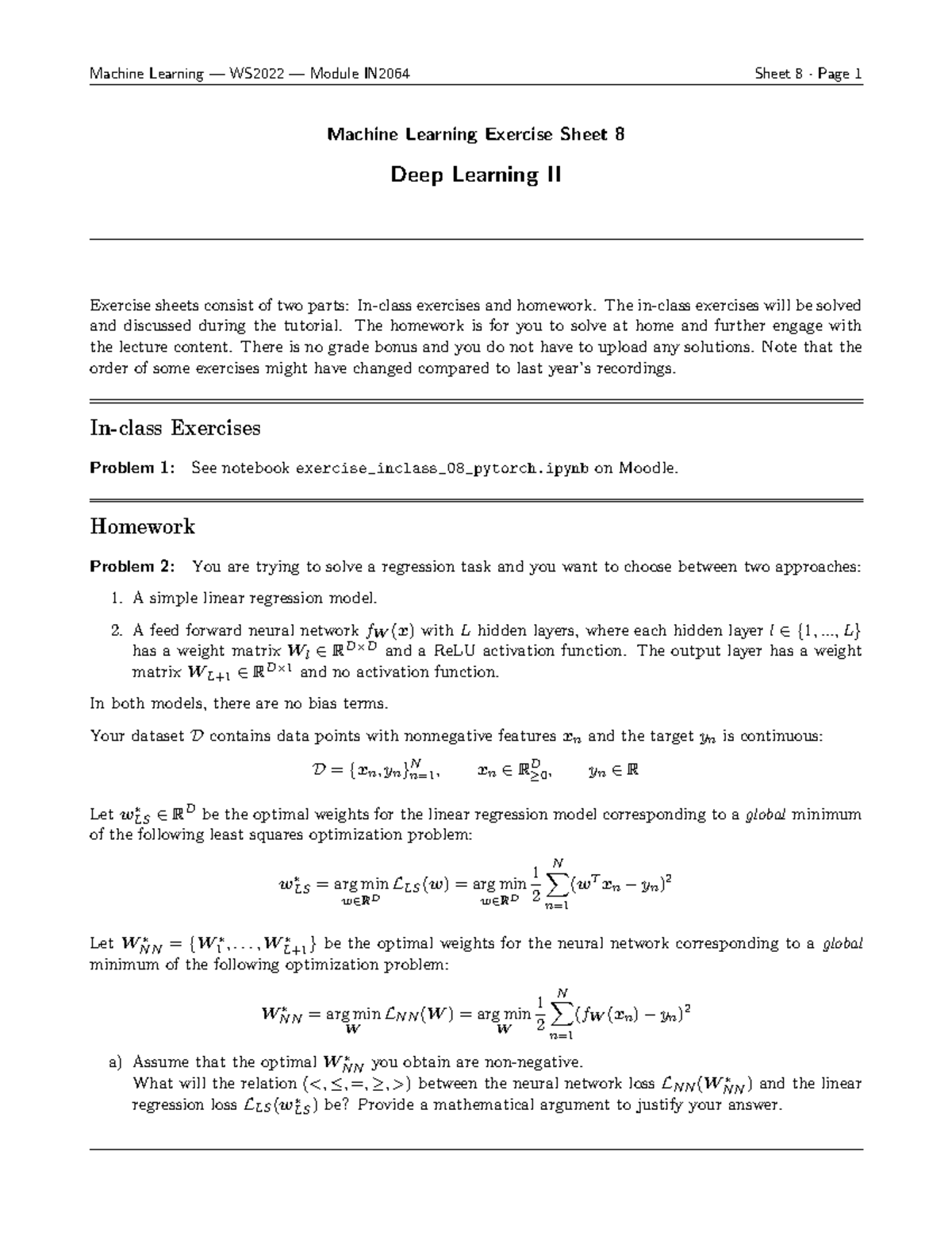 Exercise 08 deep learning 2 - Machine Learning — WS2022 — Module IN2064 Sheet 8 · Page 1 Machine ...
