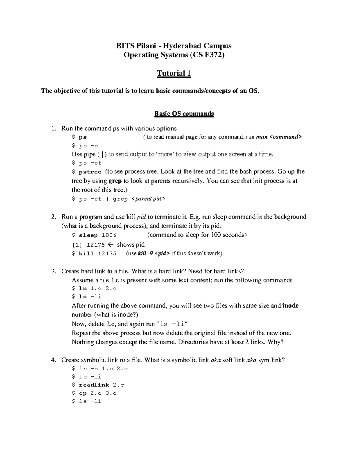 OS tute 1 - Lab codes and practice questions - BITS Pilani - Hyderabad ...