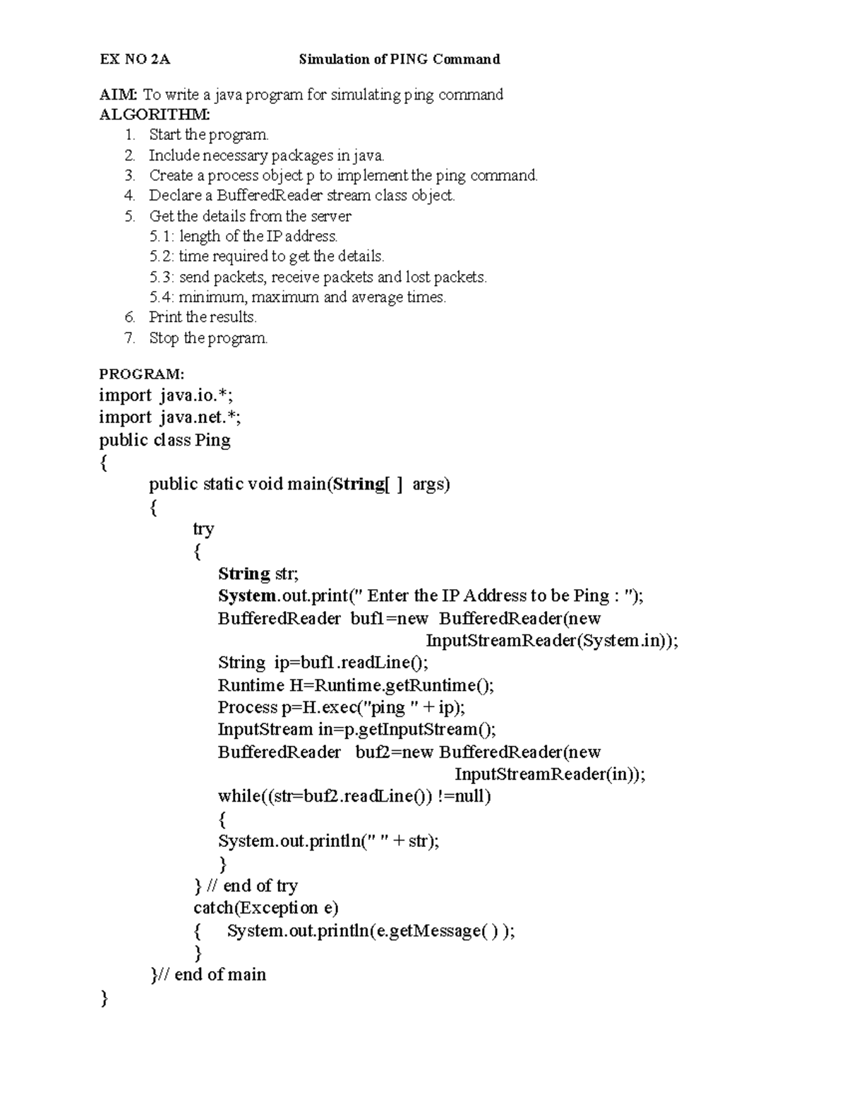 Ex-2-3 - ada - EX NO 2A Simulation of PING Command AIM: To write a java program for simulating ...