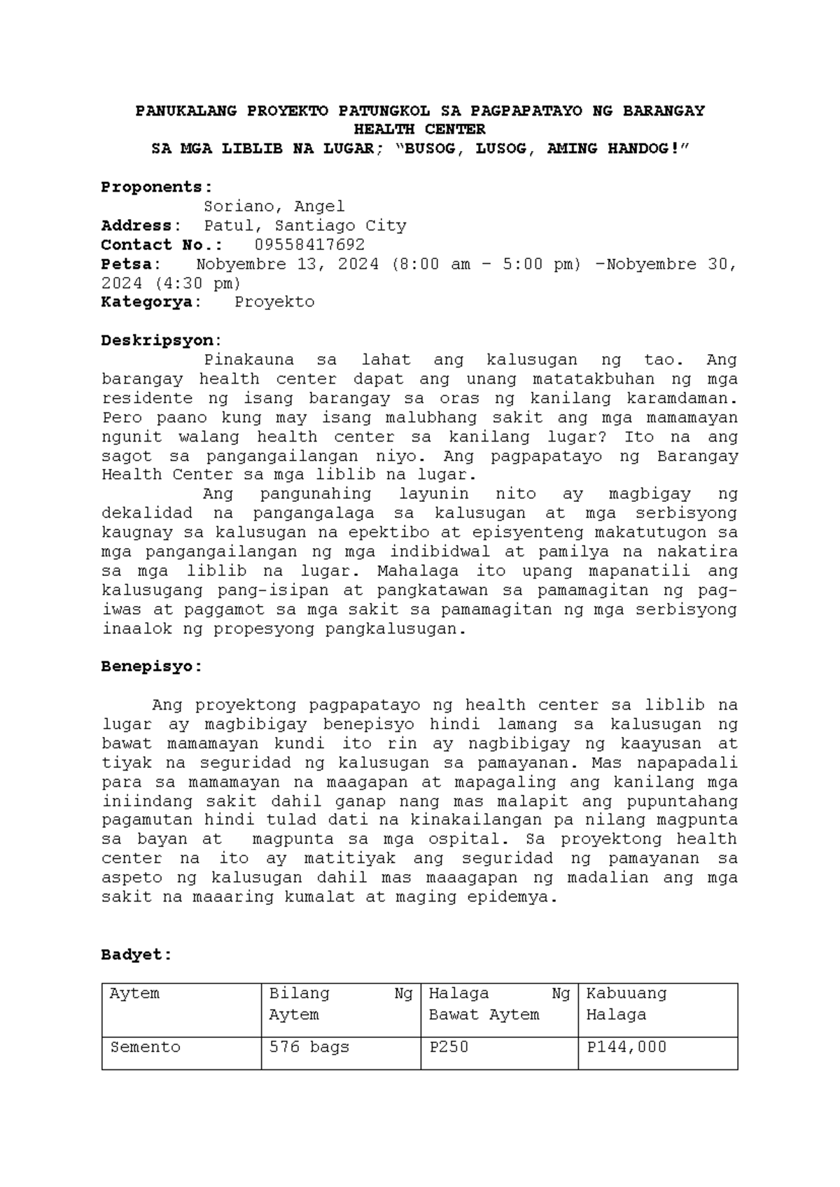 Panukalang proyekto halimbawa 2024 - PANUKALANG PROYEKTO PATUNGKOL SA ...