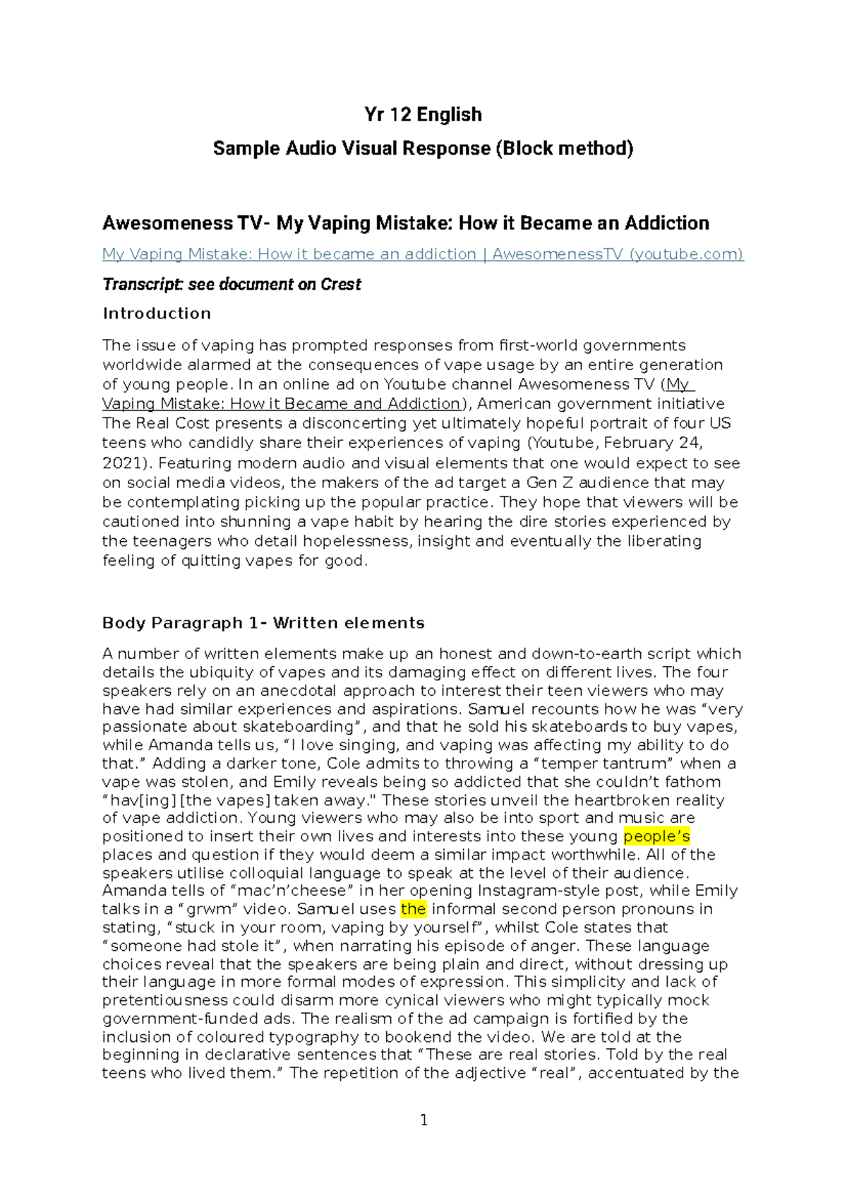 Sample Response- My Vaping Mistake - Yr 12 English Sample Audio Visual ...