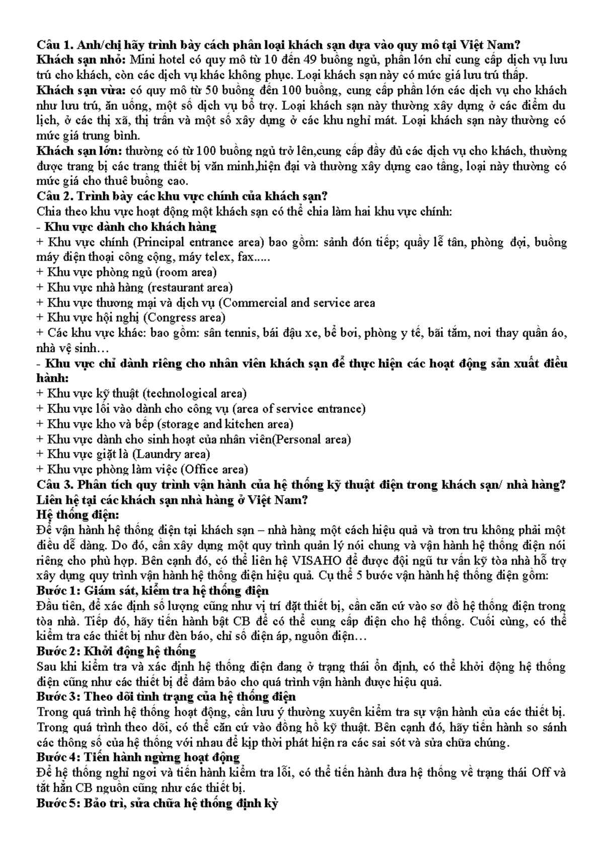 Kỹ thuật an ninh NH KS - Câu 1. Anh/chị hãy trình bày cách phân loại khách sạn dựa vào quy mô ...