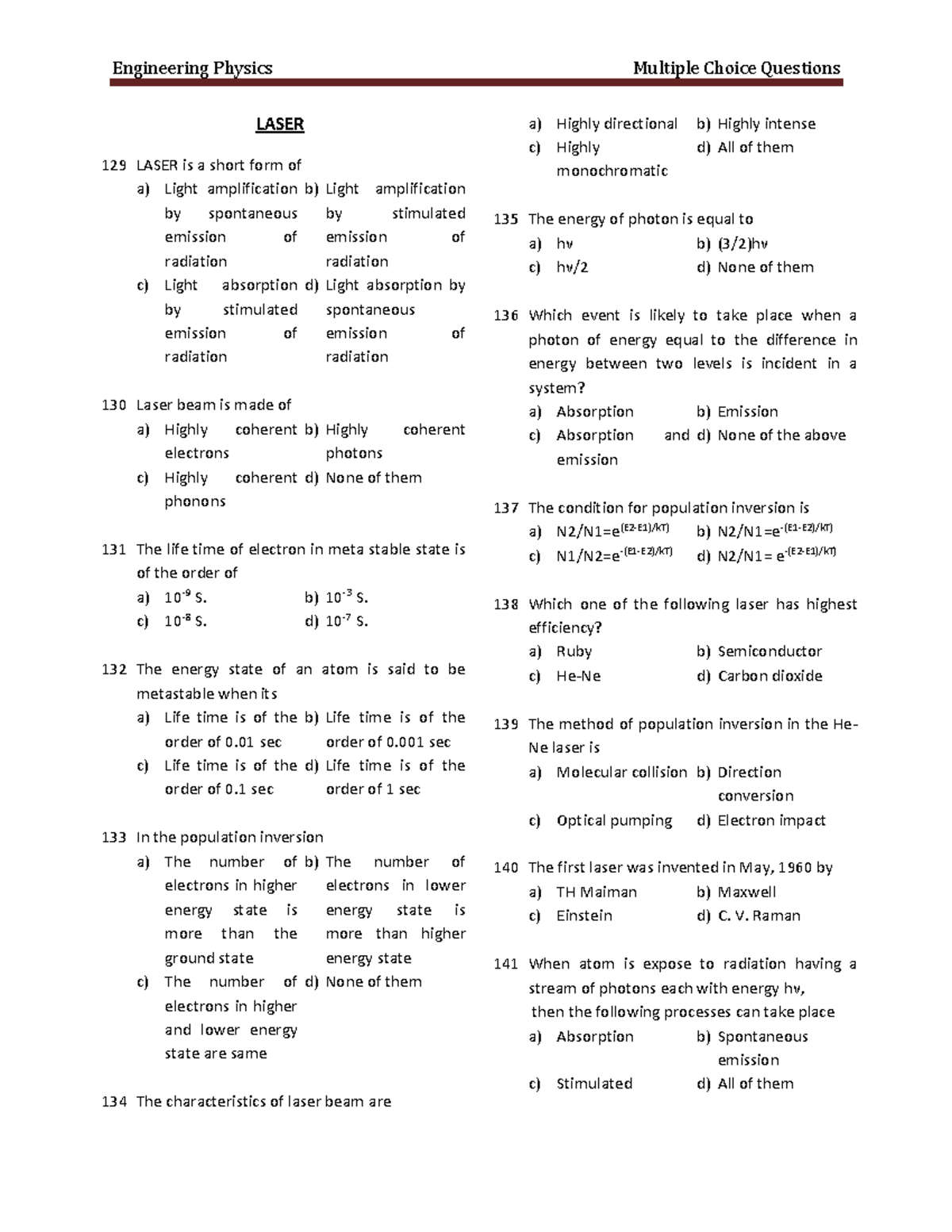 Laser and Fiber Optics-MCQS - Engineering Physics Multiple Choice ...