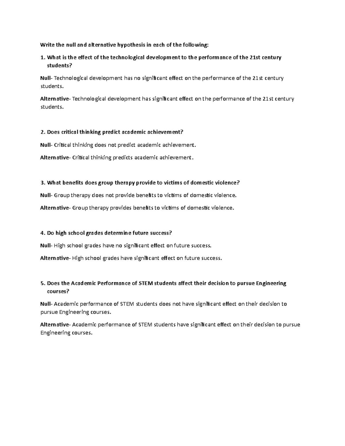 II- NULL AND Alternative - Write the null and alternative hypothesis in ...