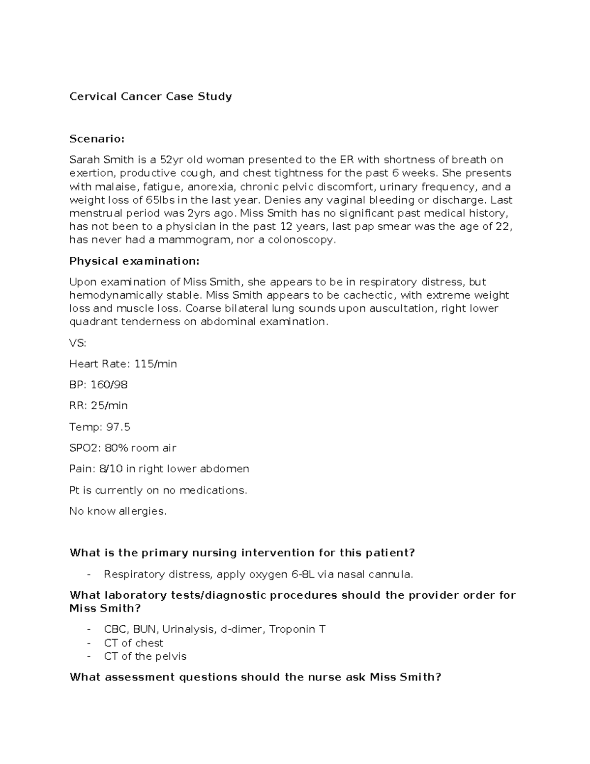 Case Study Cervical Cancer - Cervical Cancer Case Study Scenario: Sarah ...