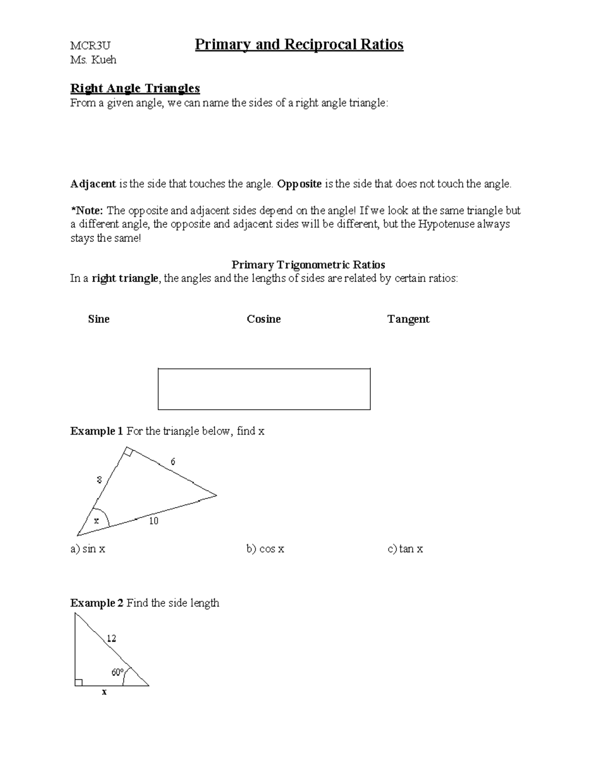 Lesson 1 primary and reciprical trig ratios - MCR3U Primary and ...