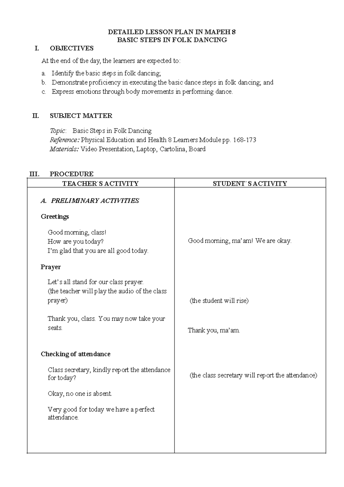 Detailed Lesson PLAN IN Mapeh 8 FOLK Dancing - DETAILED LESSON PLAN IN ...