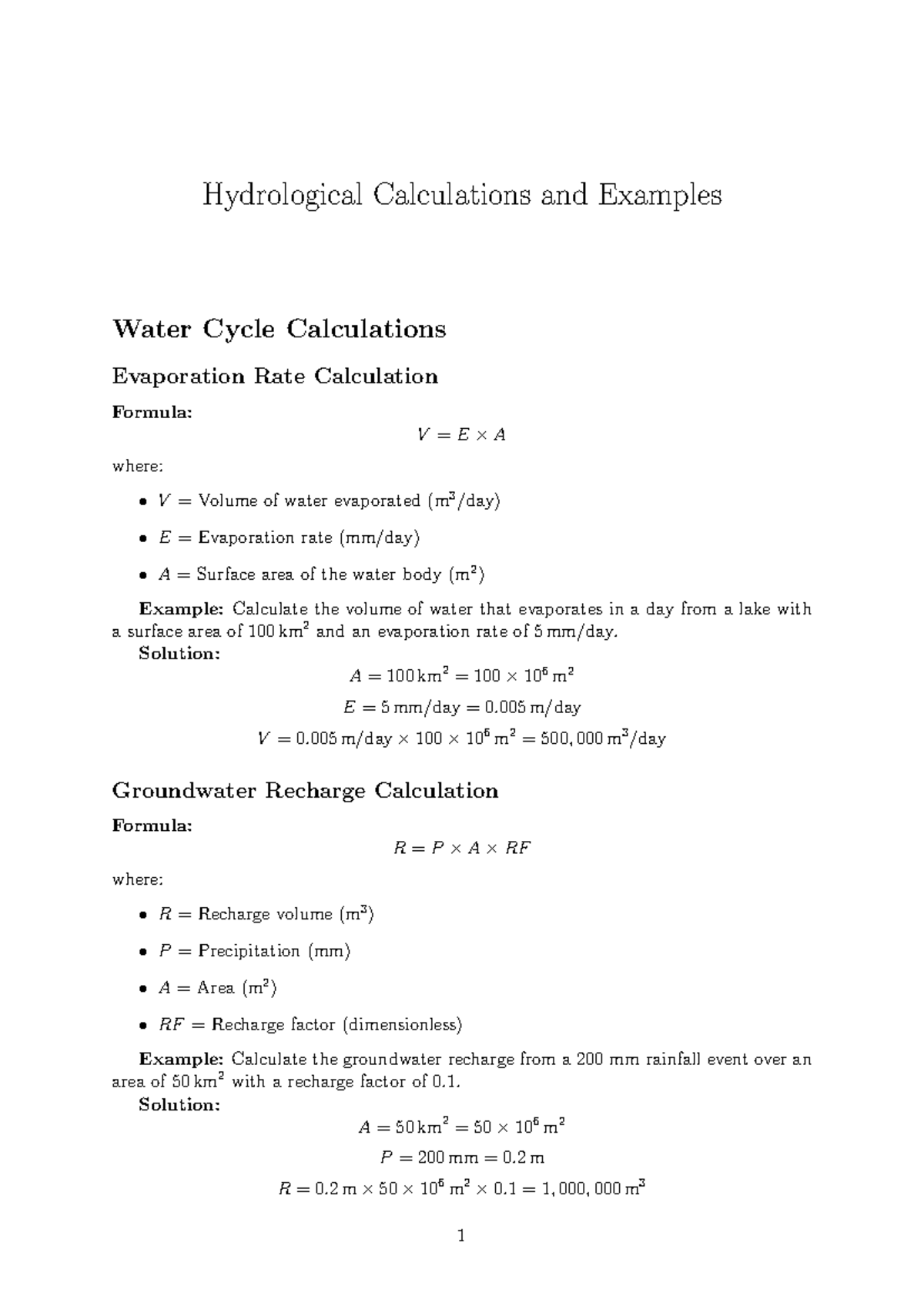 Hydro Calc Qn A - notes - Hydrological Calculations and Examples Water ...