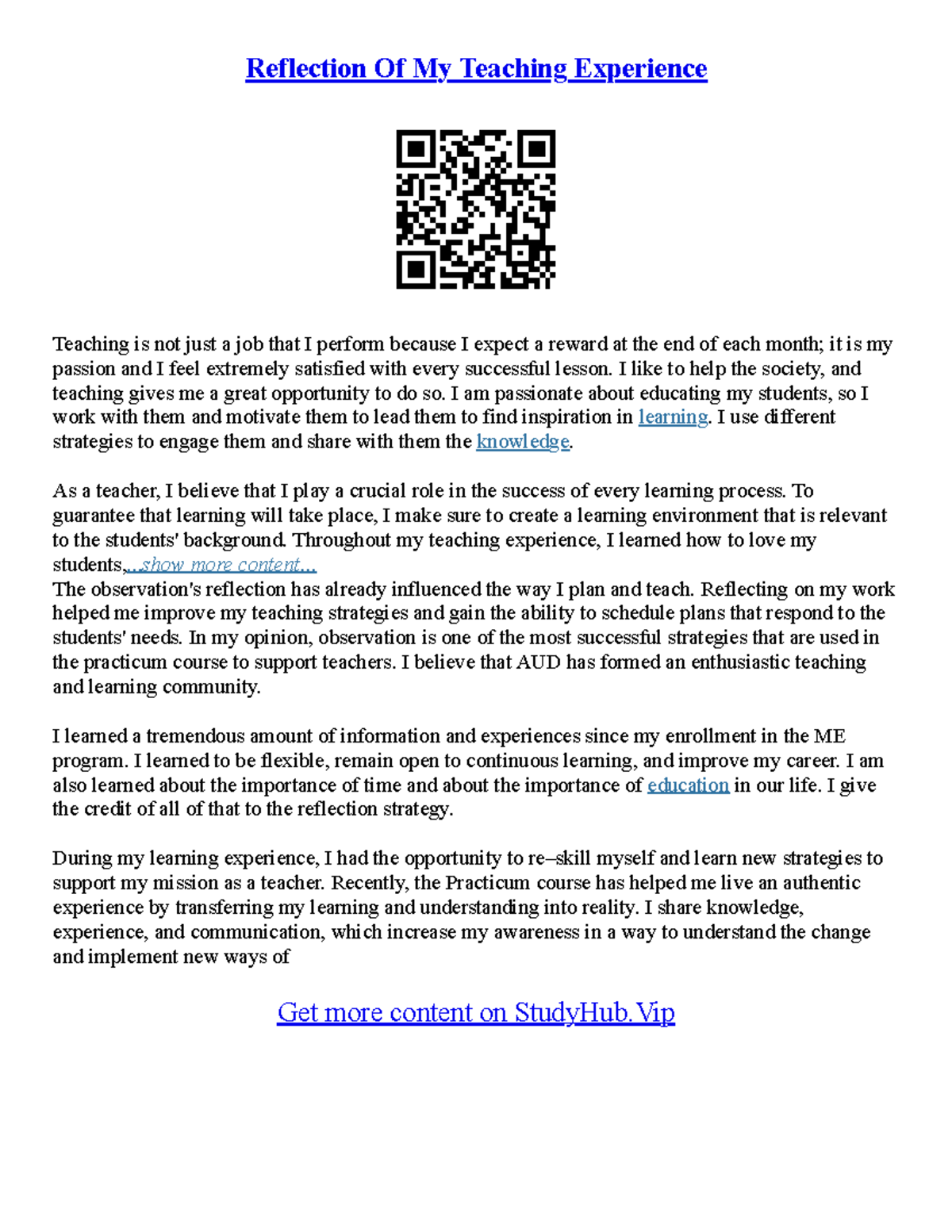 High School Reflective Essay Examples - Reflection Of My Teaching ...