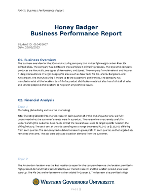D361 Task 1 - D361 Task 1 - RXM1: Business Performance Report Peddlers ...