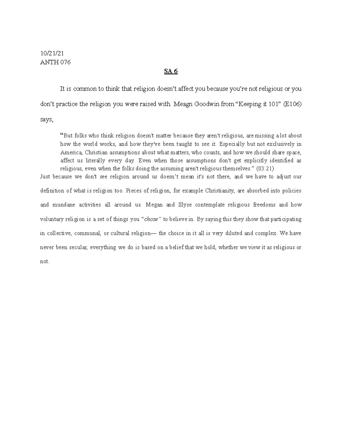 SA 6 - short assignment #6 homework assignment - 10/21/ ANTH 076 SA 6 ...