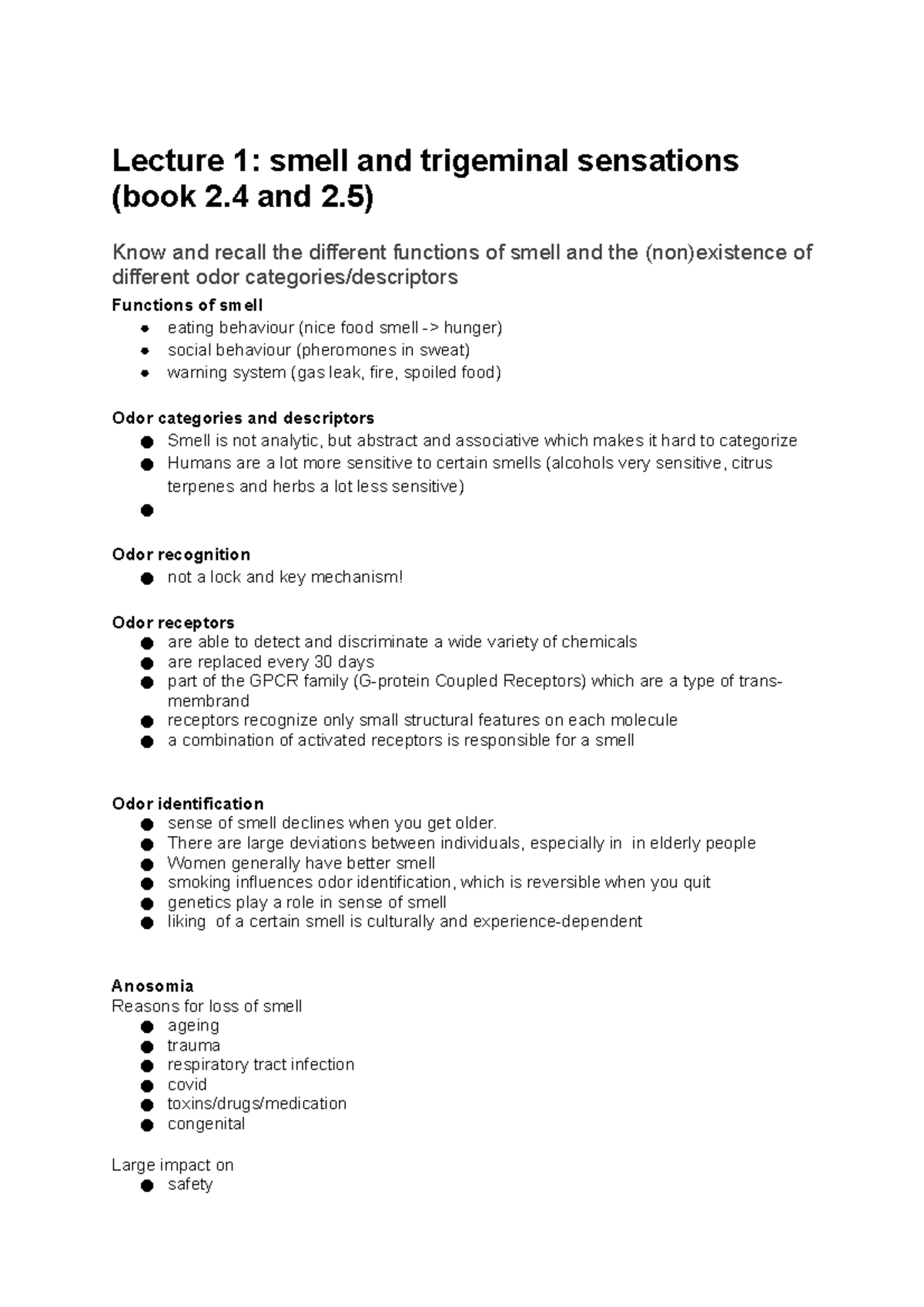 Learning goals sensory sciences exam v2 - Lecture 1: smell and ...