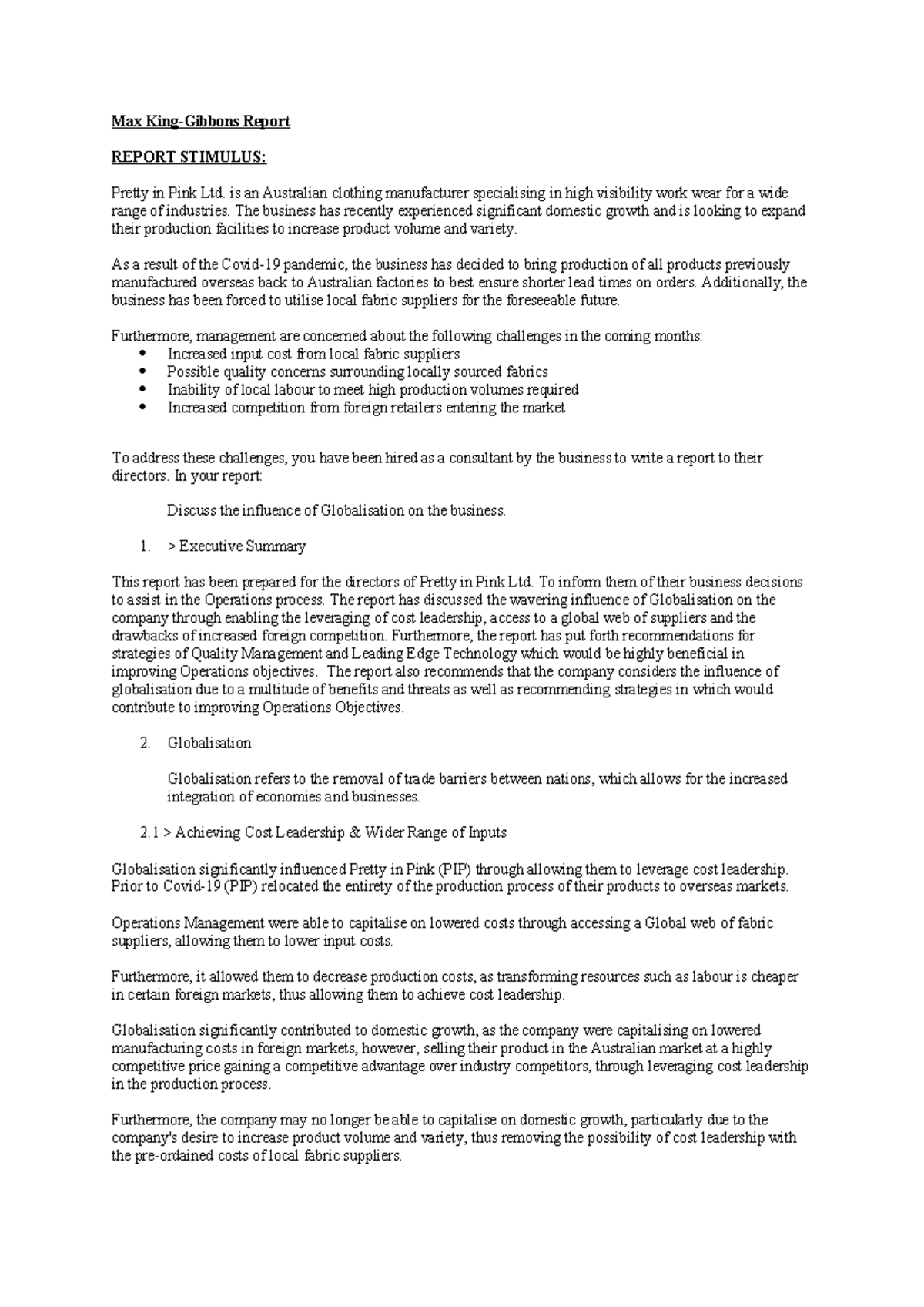 HSC Task 1 - Business Report - Max King-Gibbons Report REPORT STIMULUS ...